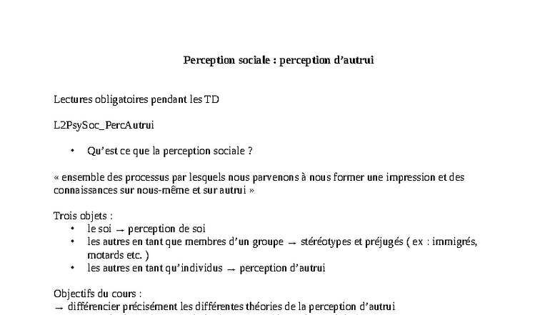 Perception sociale : Cours L2PsySoc_PercAutrui 2025/2026 - Studocu