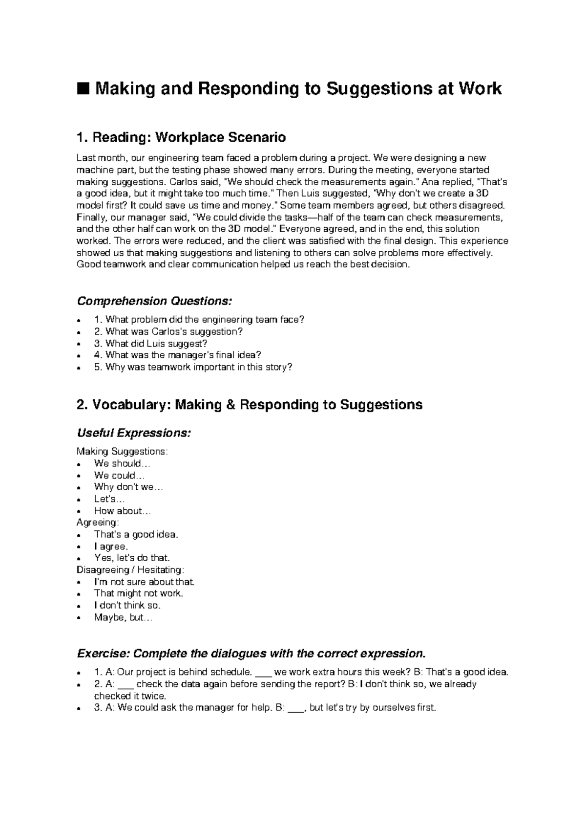 Workplace Suggestions Worksheet: Making & Responding to Ideas - Studocu