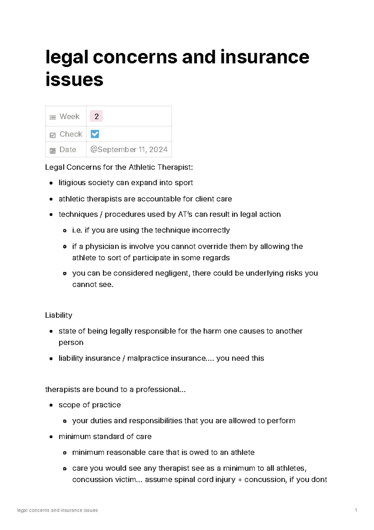 Legal concerns and insurance issues in athletic therapy: Lecture notes ...