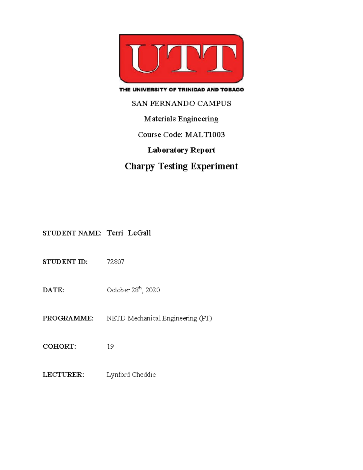 MATL1003 Laboratory Report: Charpy Testing Experiment by Terri LeGall ...