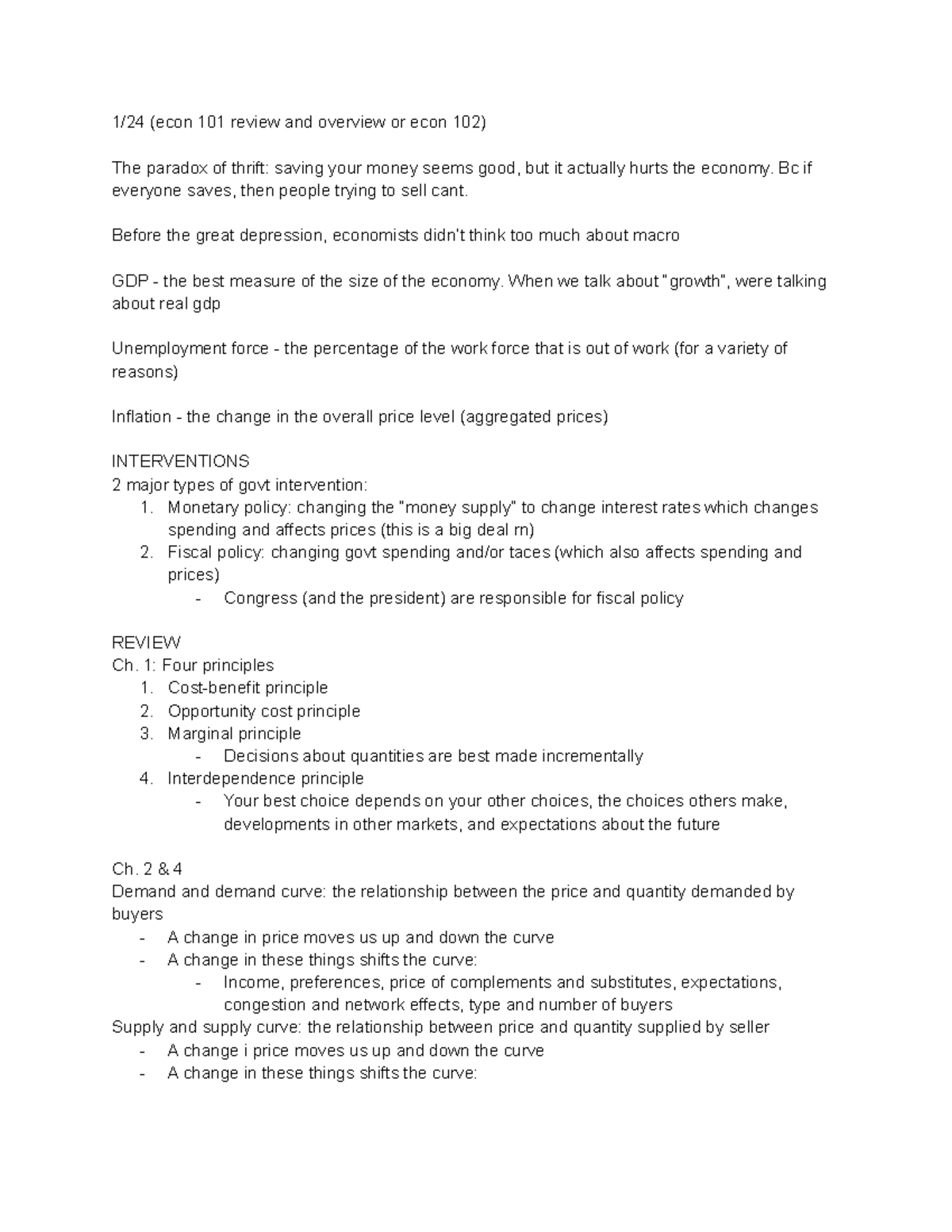 Macro (review of econ 101, overview of econ 102) - 1/24 (econ 101 ...