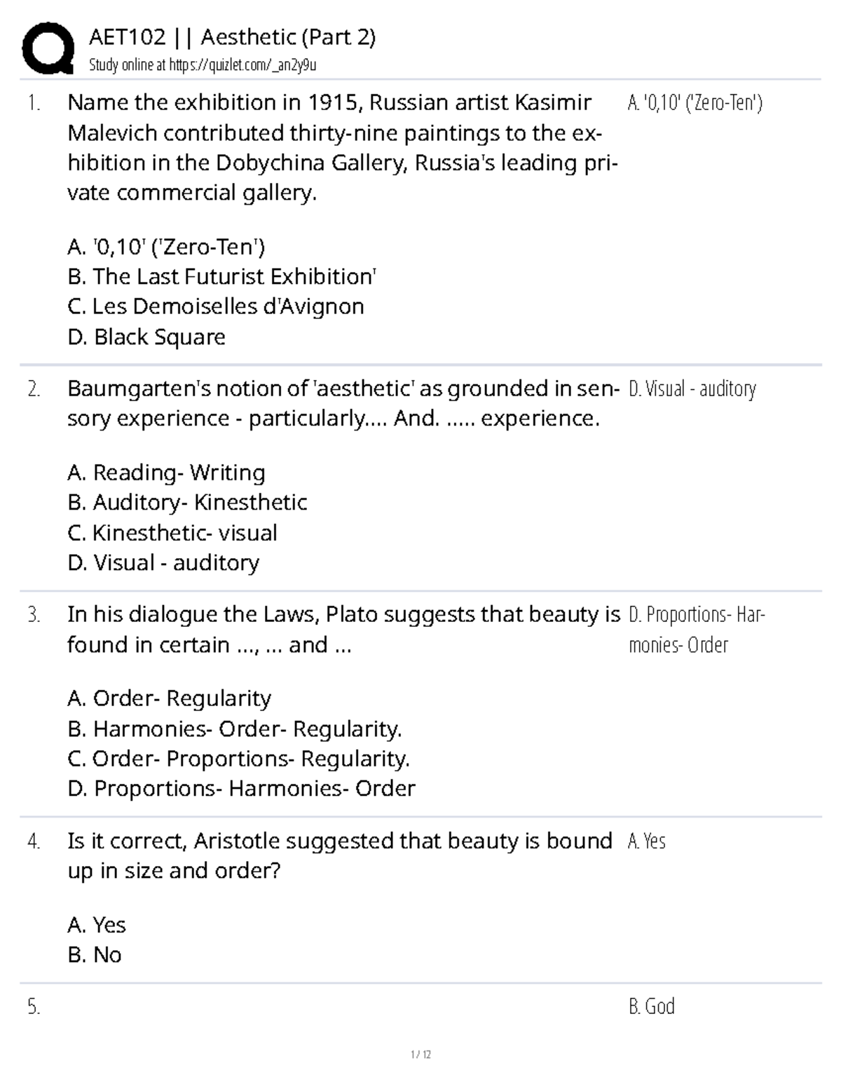 AET102 Aesthetic (Part 2) Study Guide and Exam Prep - Studocu