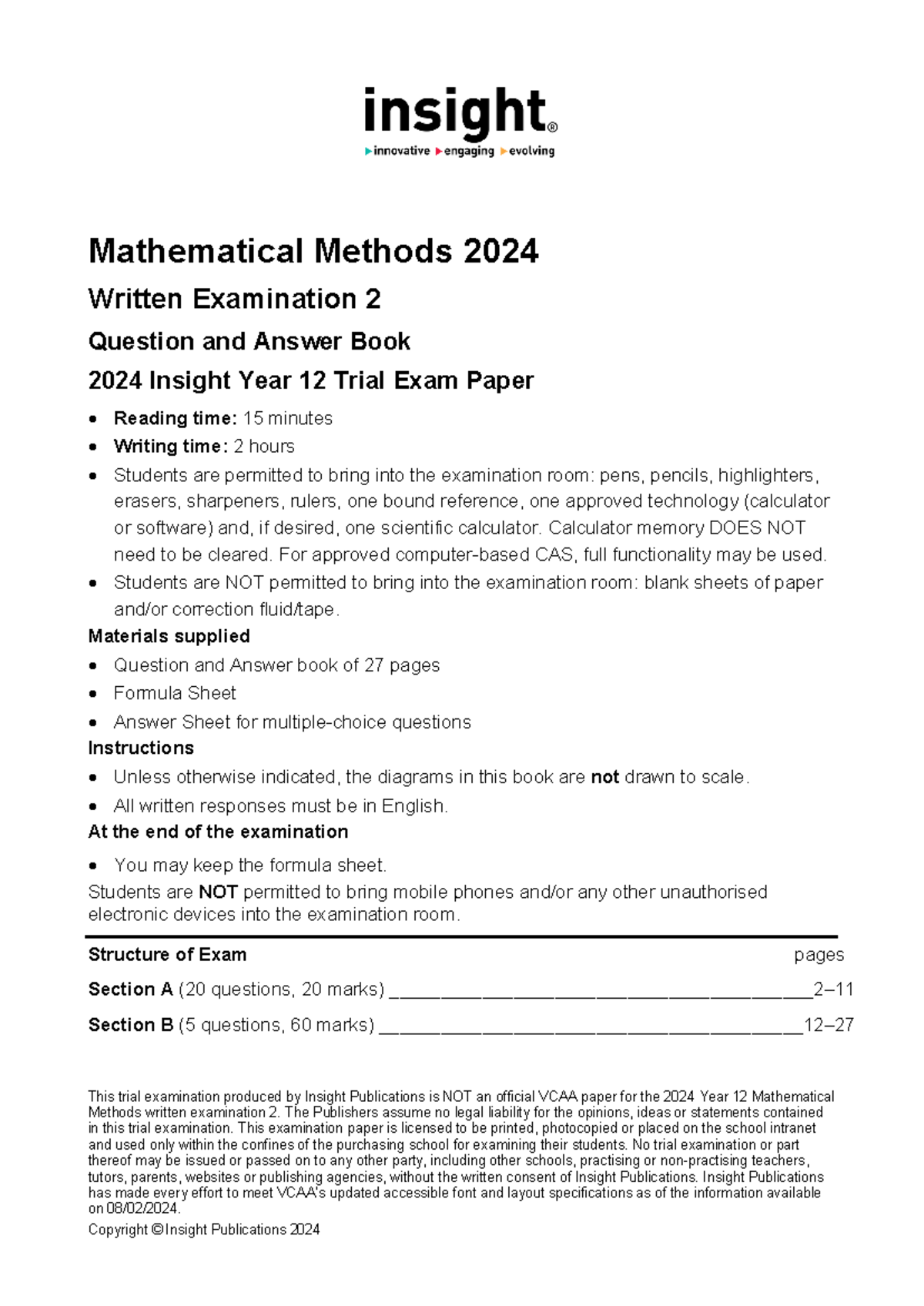 VCE Mathematical Methods 2 Trial Exam Paper 2024 - Insight Publications - Studocu