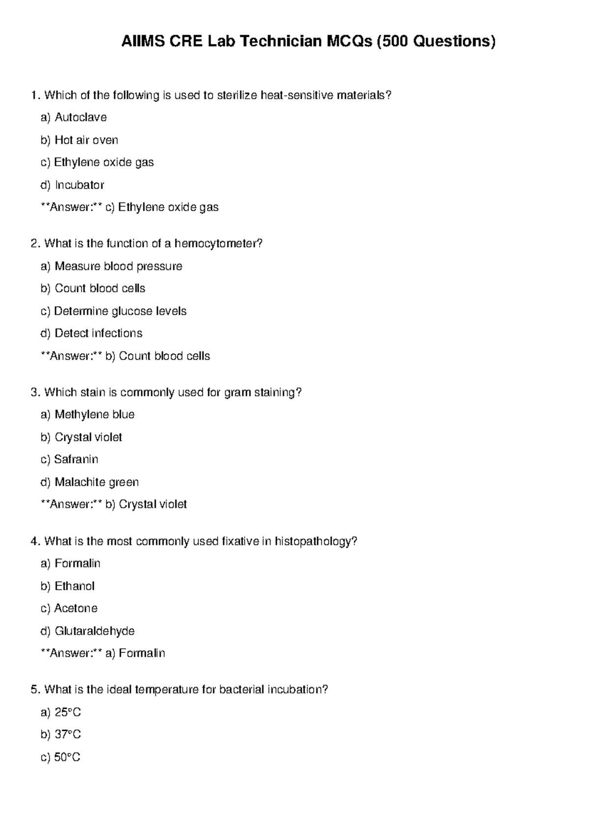 AIIMS CRE Lab Technician MCQs: 500 Questions for Exam Prep - Studocu
