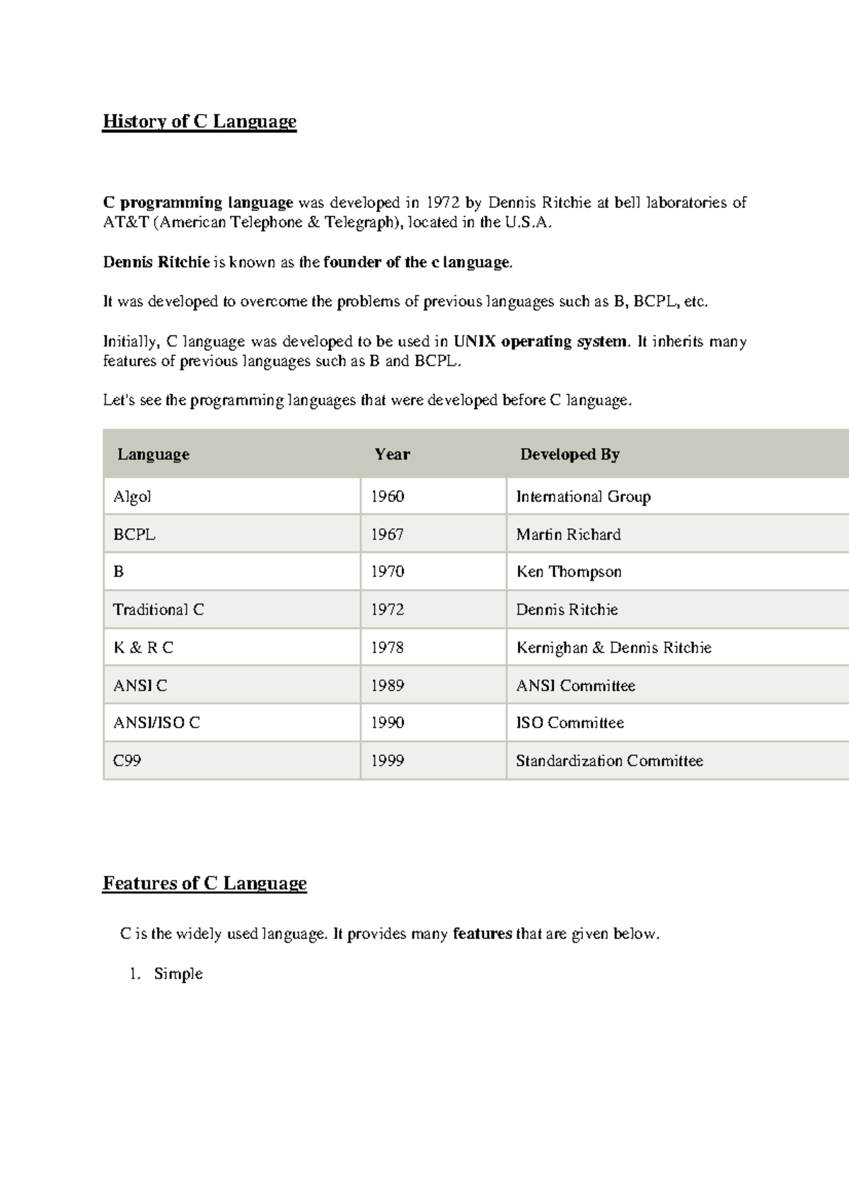 C Programming Language Overview and Features - C101 Lecture Notes - Studocu