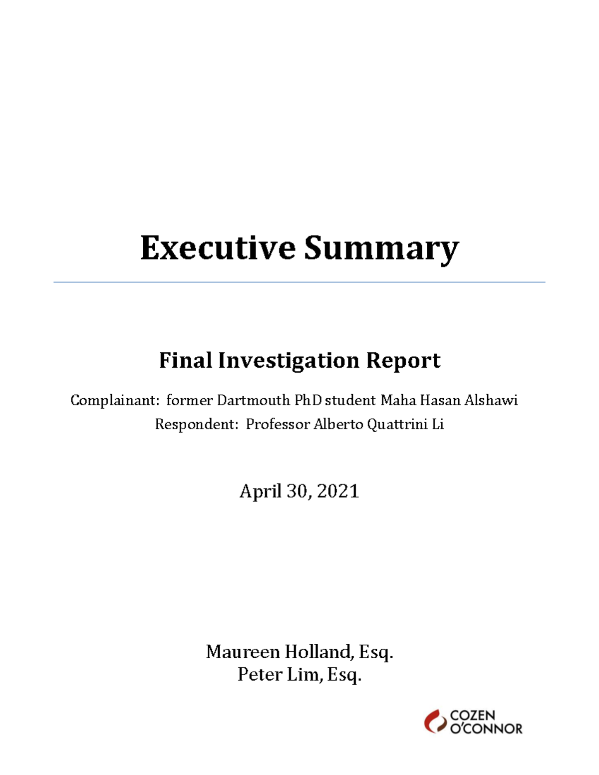 Executive Summary: Final Investigation Report on Title IX Case (DART ...