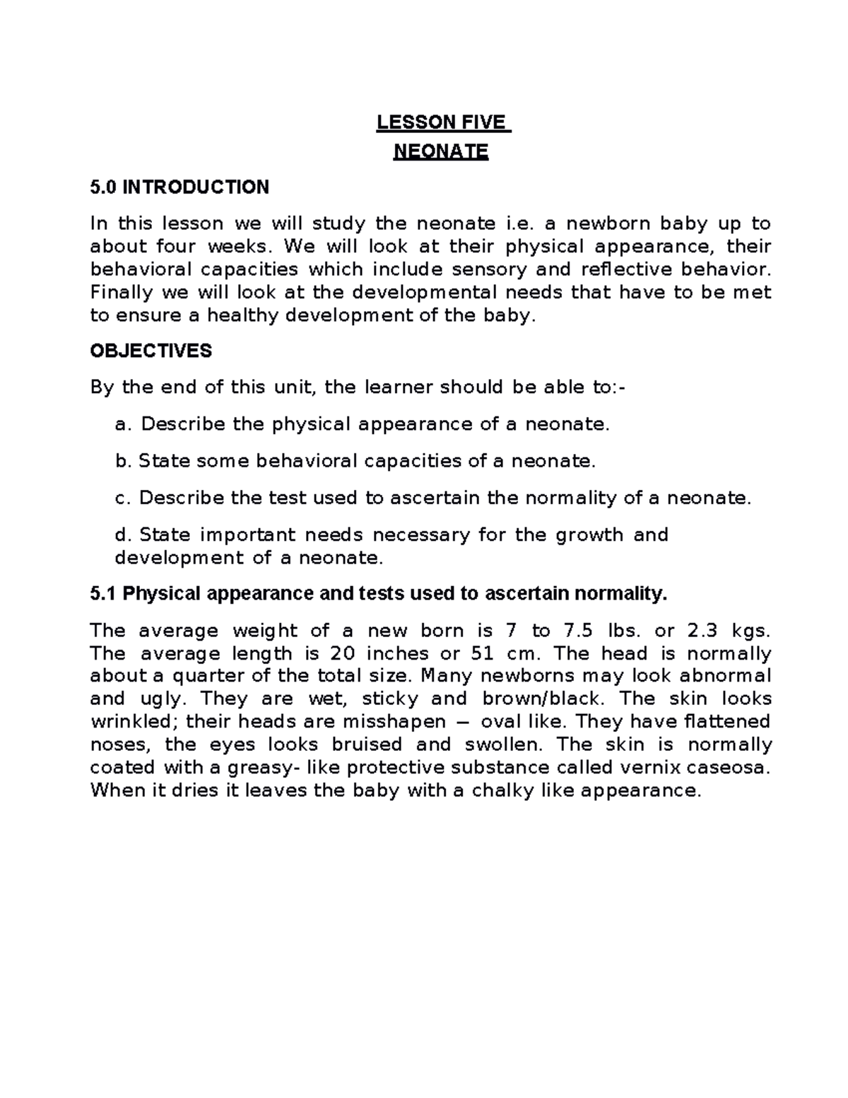 LESSON 5: NEONATE DEVELOPMENT AND BEHAVIORAL CAPACITIES - Studocu