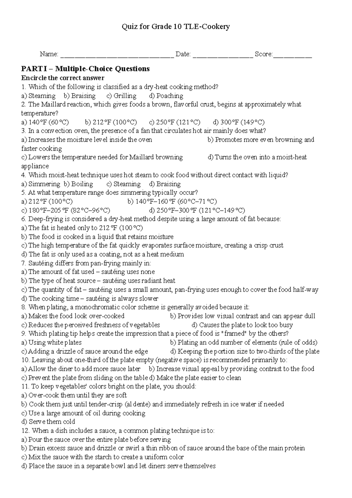 Quiz for Grade 10: Cooking Methods and Techniques - Studocu
