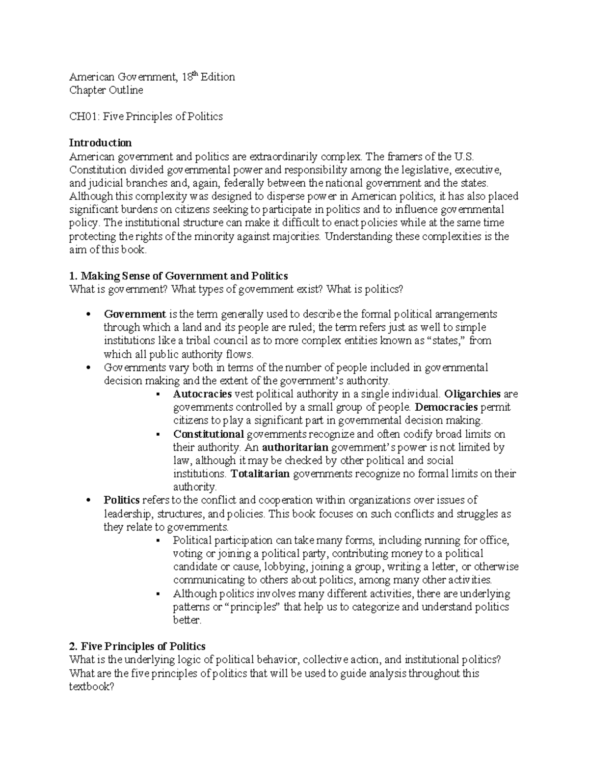 Five Principles of Politics - American Government CH01 Outline - Studocu
