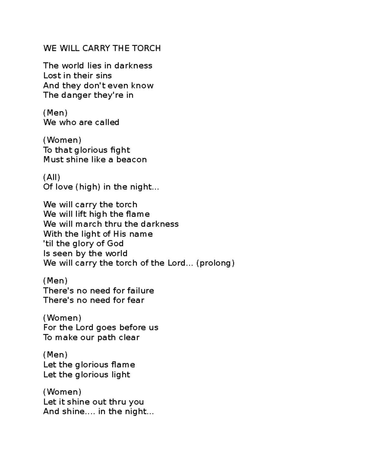 WE WILL CARRY THE TORCH - Lyrics Analysis and Reflection - Studocu