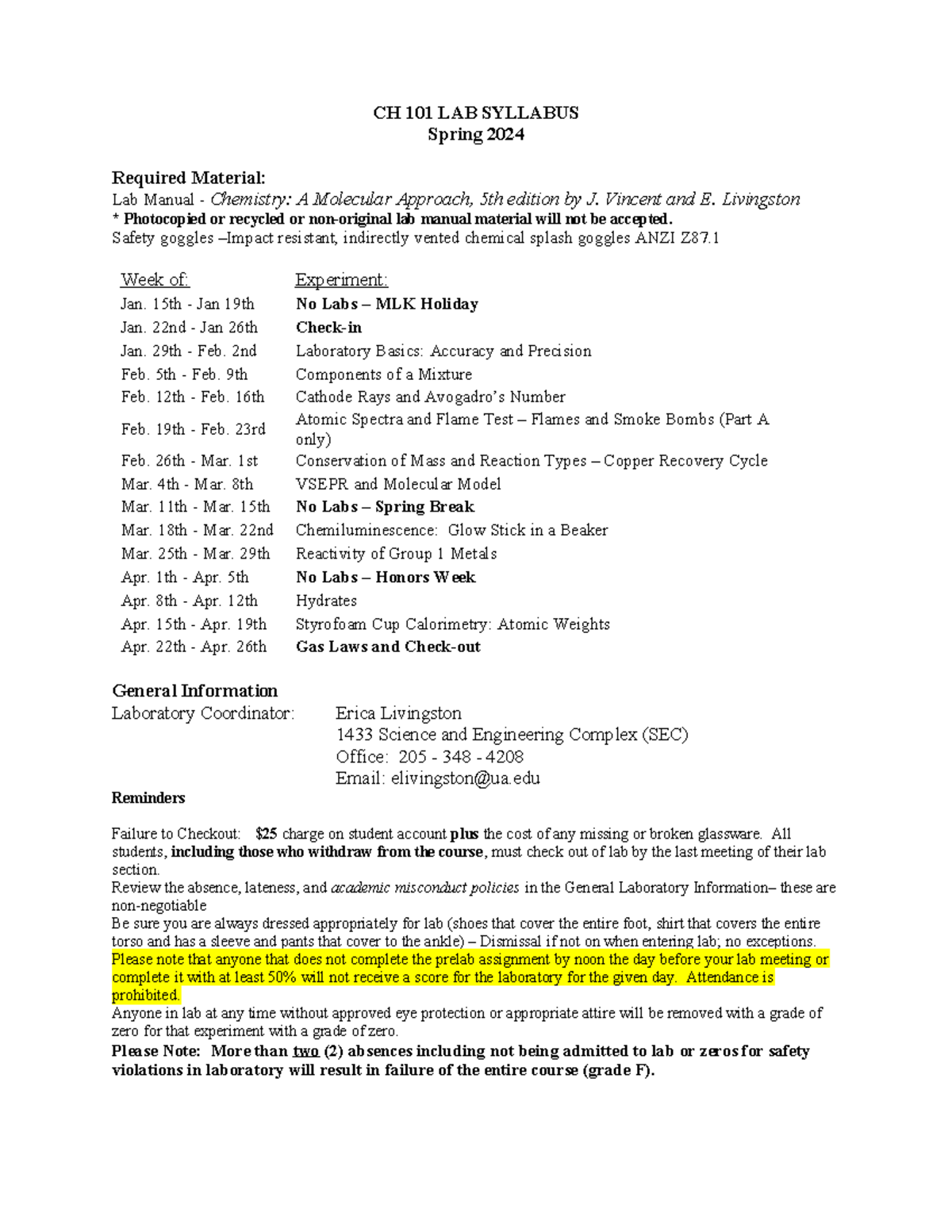 CH 101 Spring 2024 Lab Syllabus and Experiment Schedule - Studocu