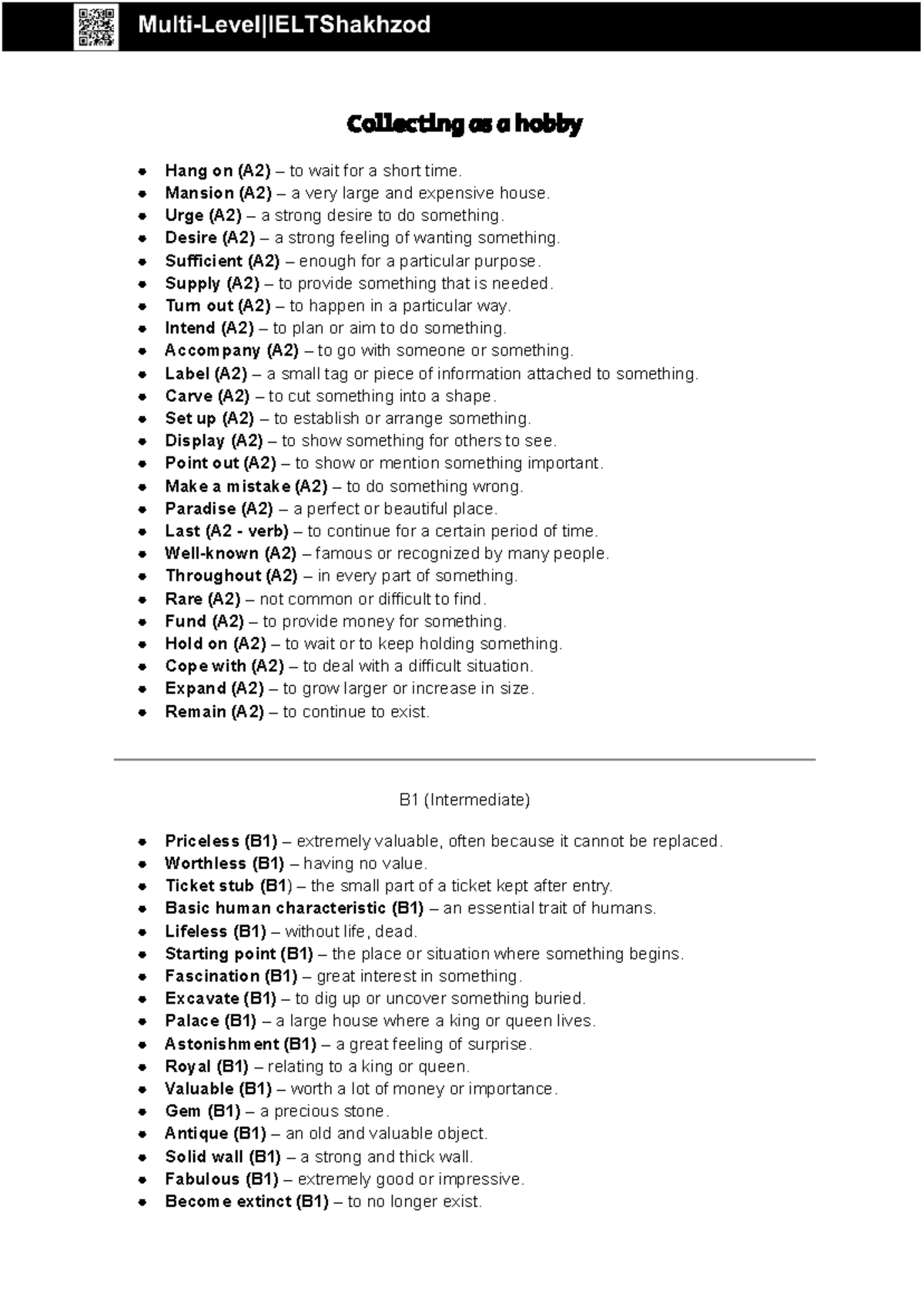 Surviving City Life Vocabulary (A2 & B1 Level) - Studocu
