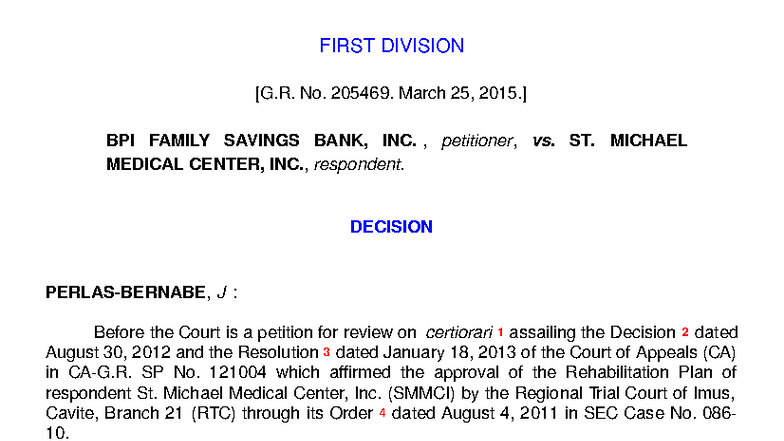 BPI Family Savings Bank, Inc. vs. St. Michael Medical Center, Inc. Case ...