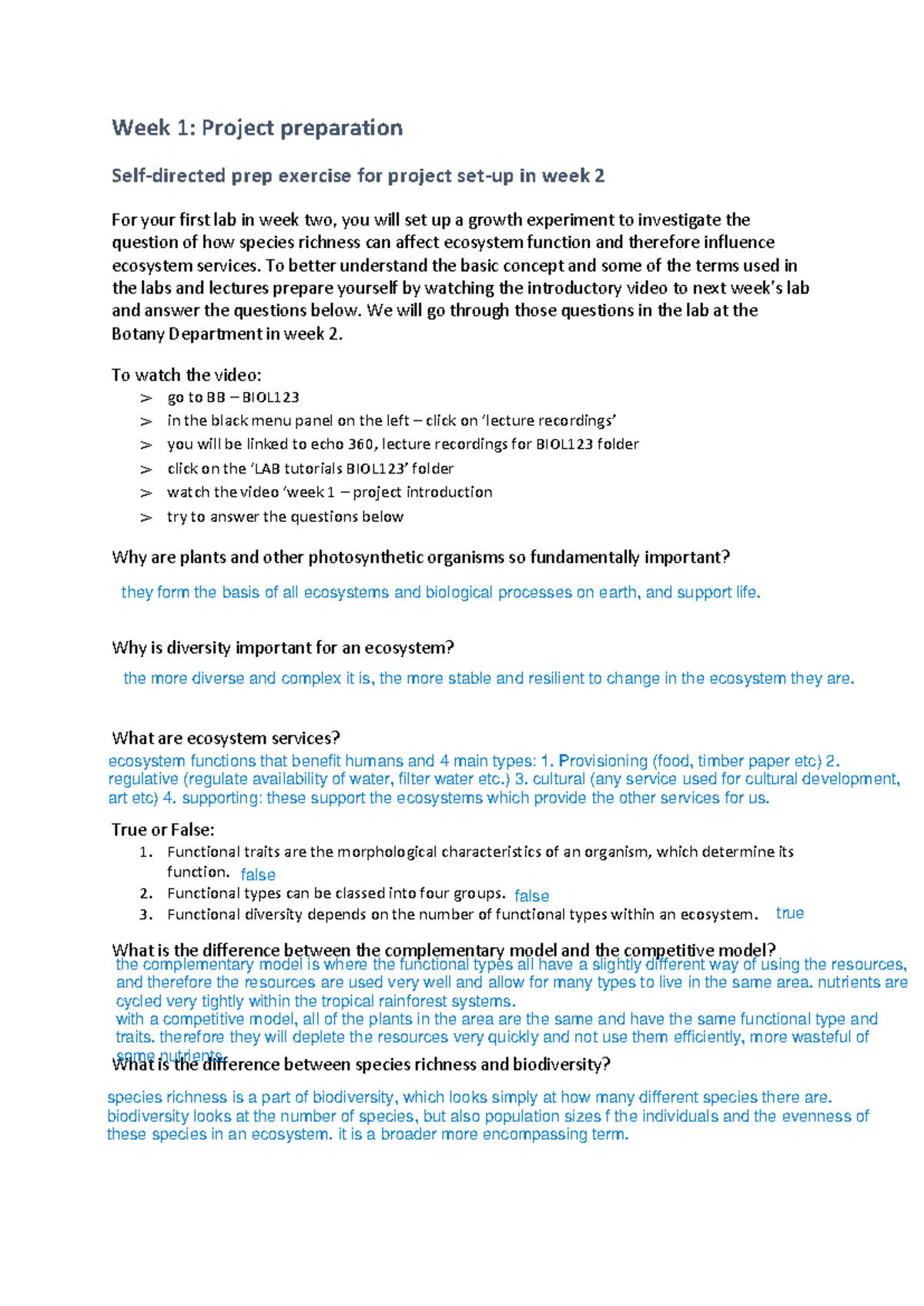 BIOL123 Week 1 Lab Prep: Ecosystem Function & Species Richness - Studocu