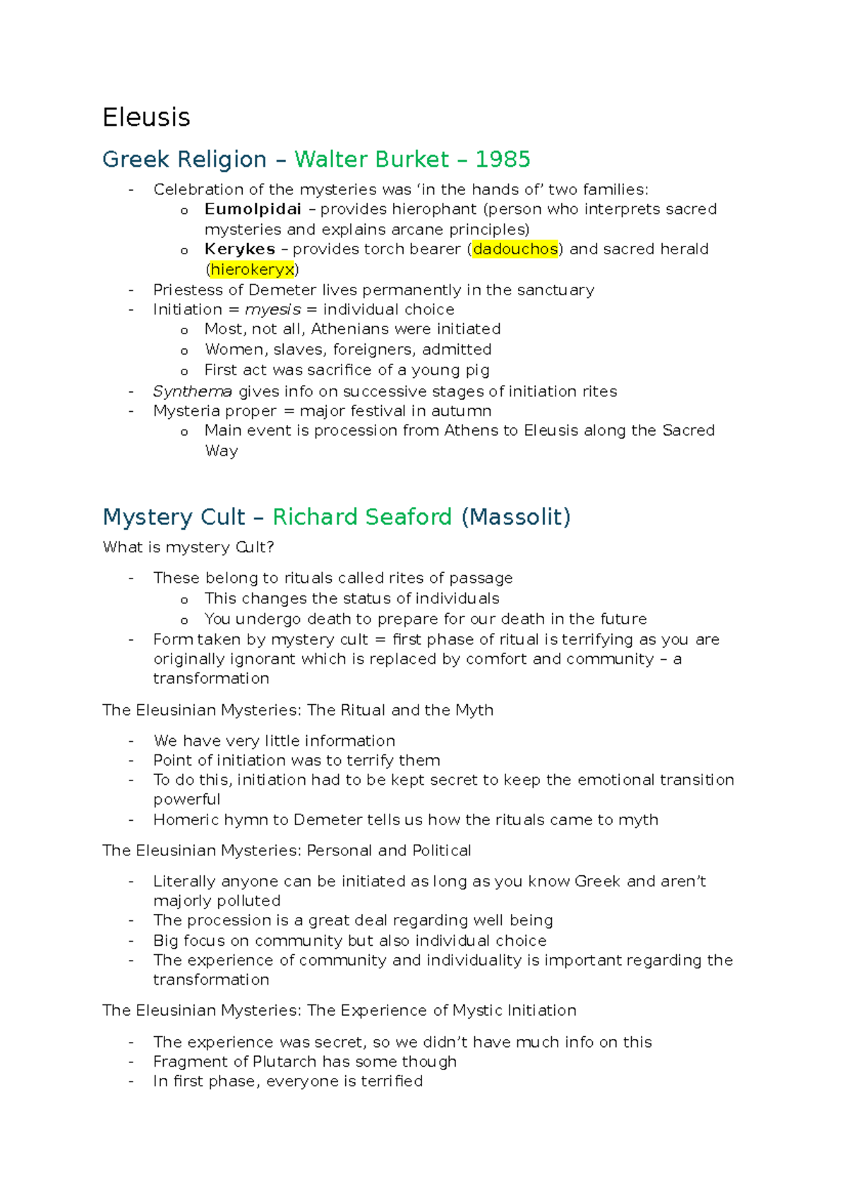 Mystery Cults: Notes on Eleusinian Mysteries (Class Notes) - Studocu