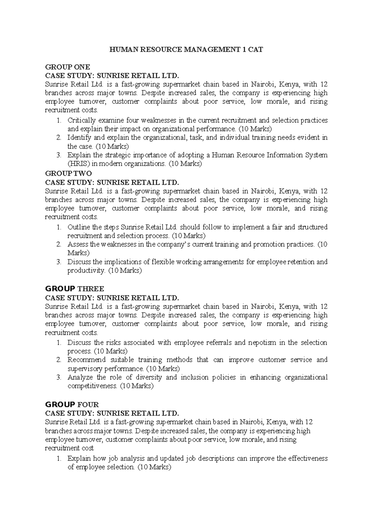 HUMAN RESOURCE MANAGEMENT 1 CAT CASE STUDY: SUNRISE RETAIL LTD. - Studocu