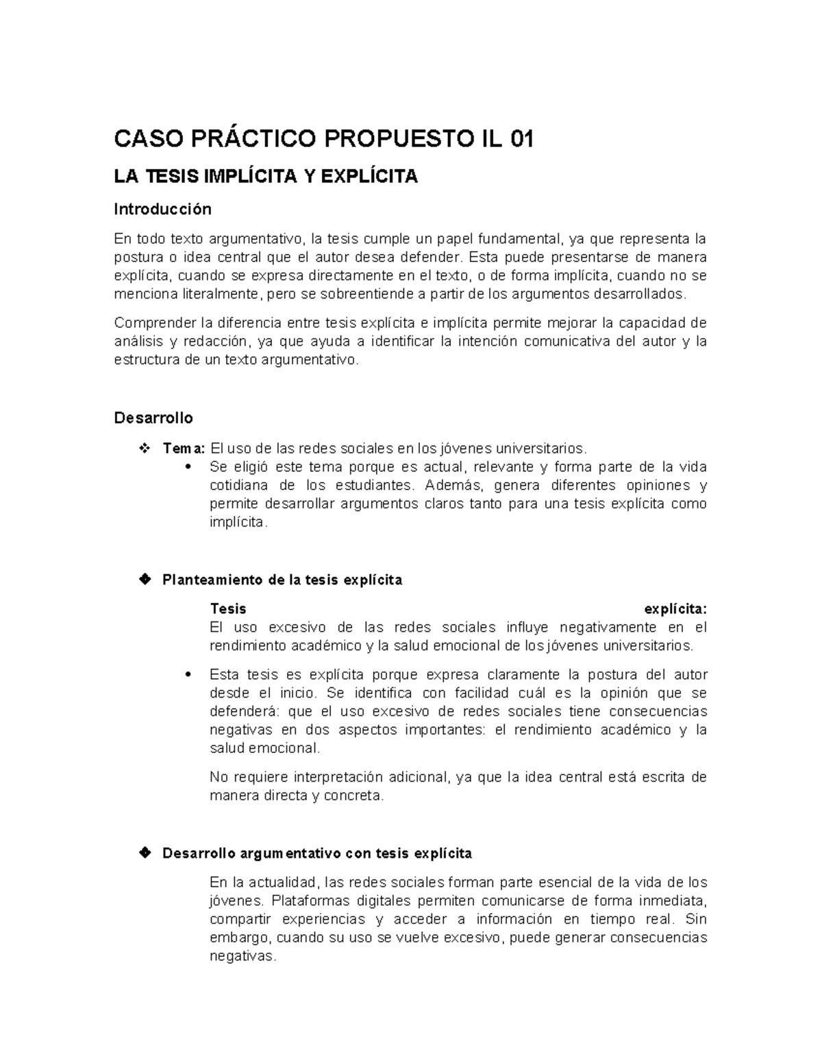 CASO PRÁCTICO IL 01: Tesis Implícita y Explícita en Argumentación - Studocu