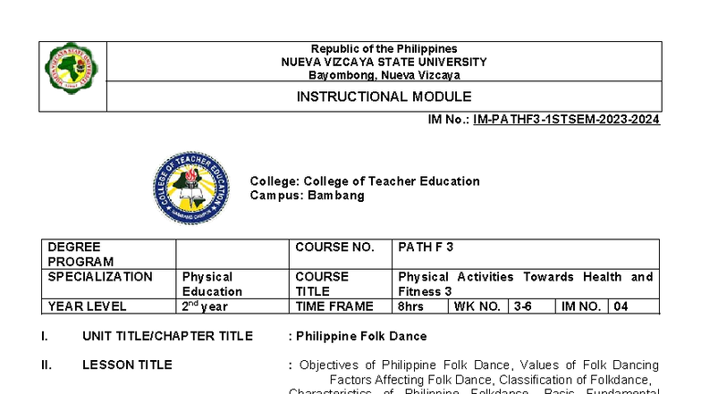 PATH F3 Instructional Module: Philippine Folk Dance Overview - Studocu