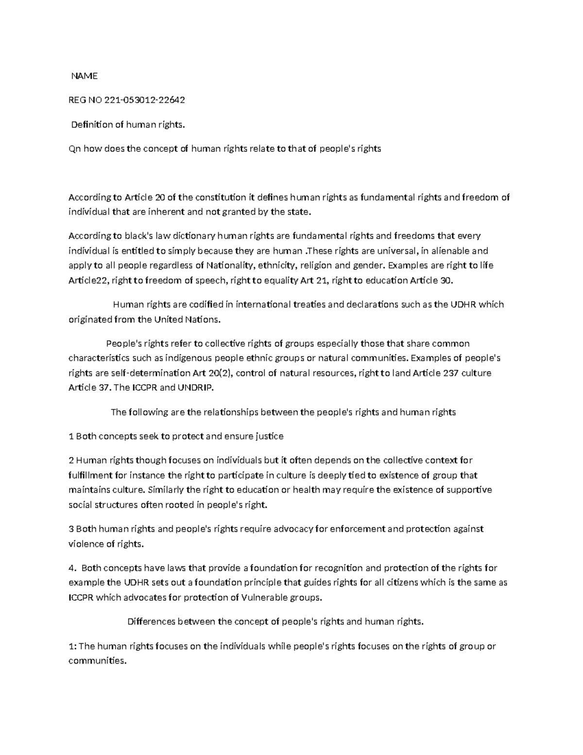 Inthu 1 - Human Rights - NAME REG NO 221-053012- Definition of human ...