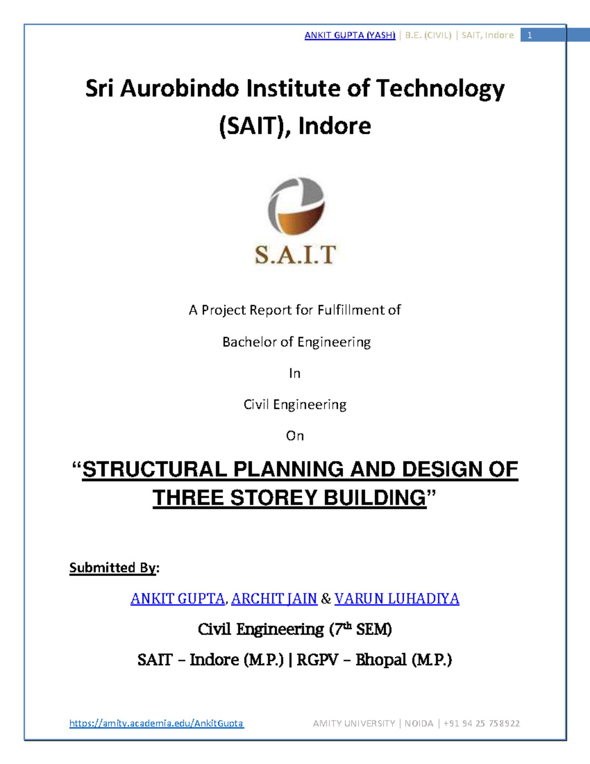 B.E. (CIVIL) Project Report: Planning & Design of a Three-Storey ...