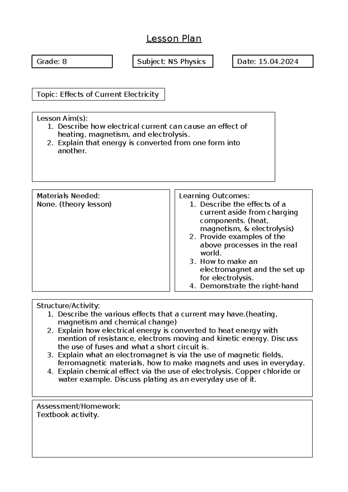 Lesson plan: Effects of current electricity for grade 8 NS Physics ...