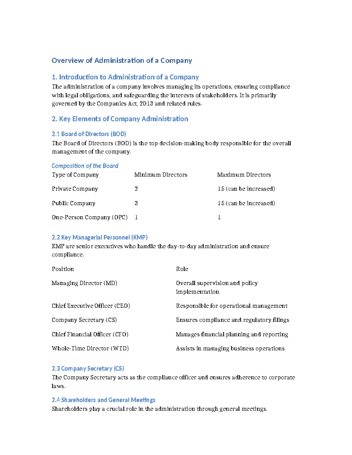Administration of a company: key elements and compliance overview - Studocu