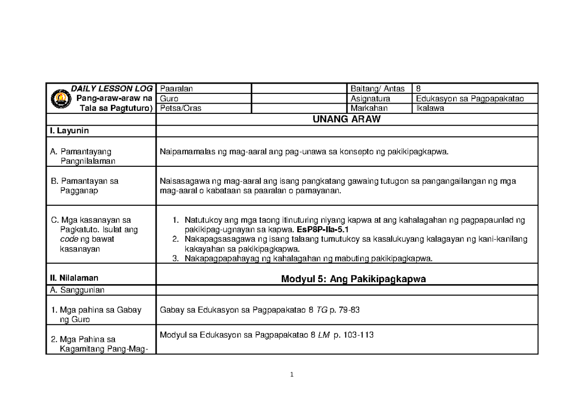 EsP DLL 8 M5 - Comprehensive Lesson Plan on Pakikipagkapwa in EsP 8 ...