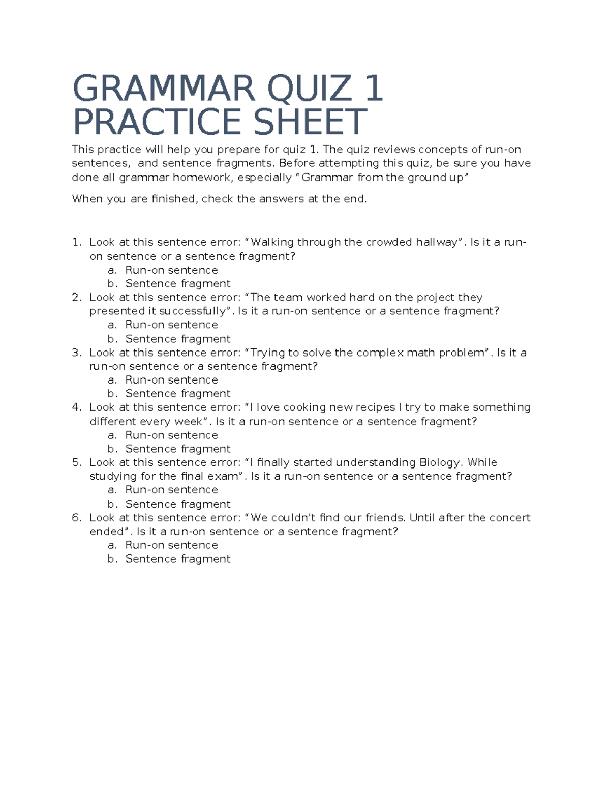 GRAMMAR QUIZ 1 PRACTICE SHEET FOR STUDY PREPARATION - Studocu
