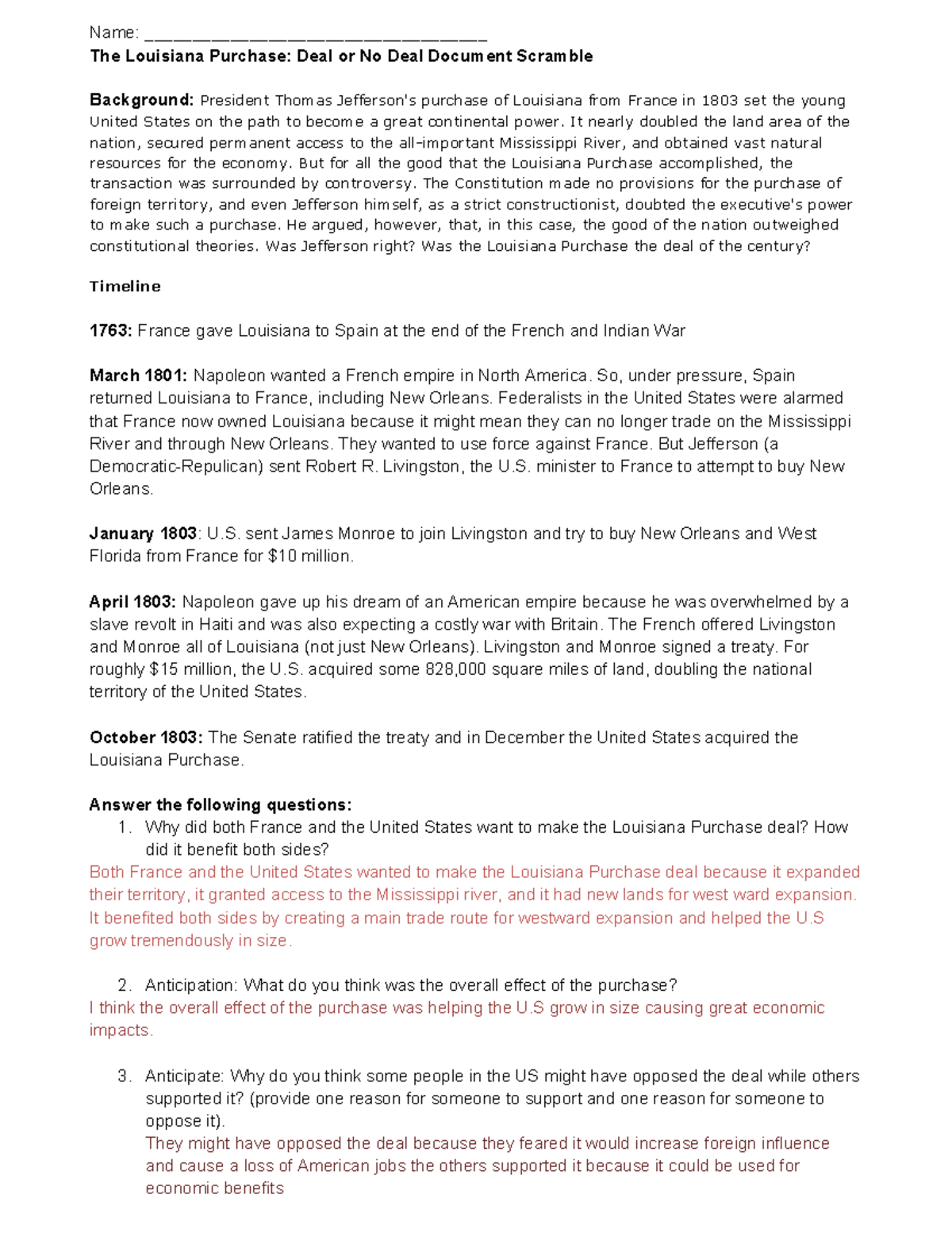 Louisiana Purchase Deal or No Deal Handout - The Louisiana Purchase ...