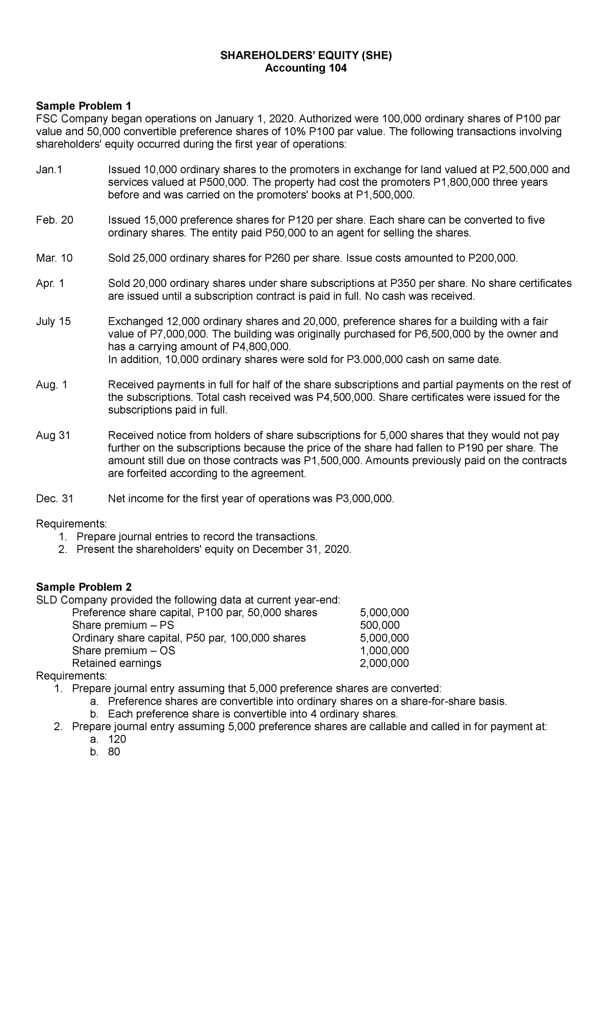 Acctg-104 Equity: Sample Problems & Journal Entries for 2020 - Studocu