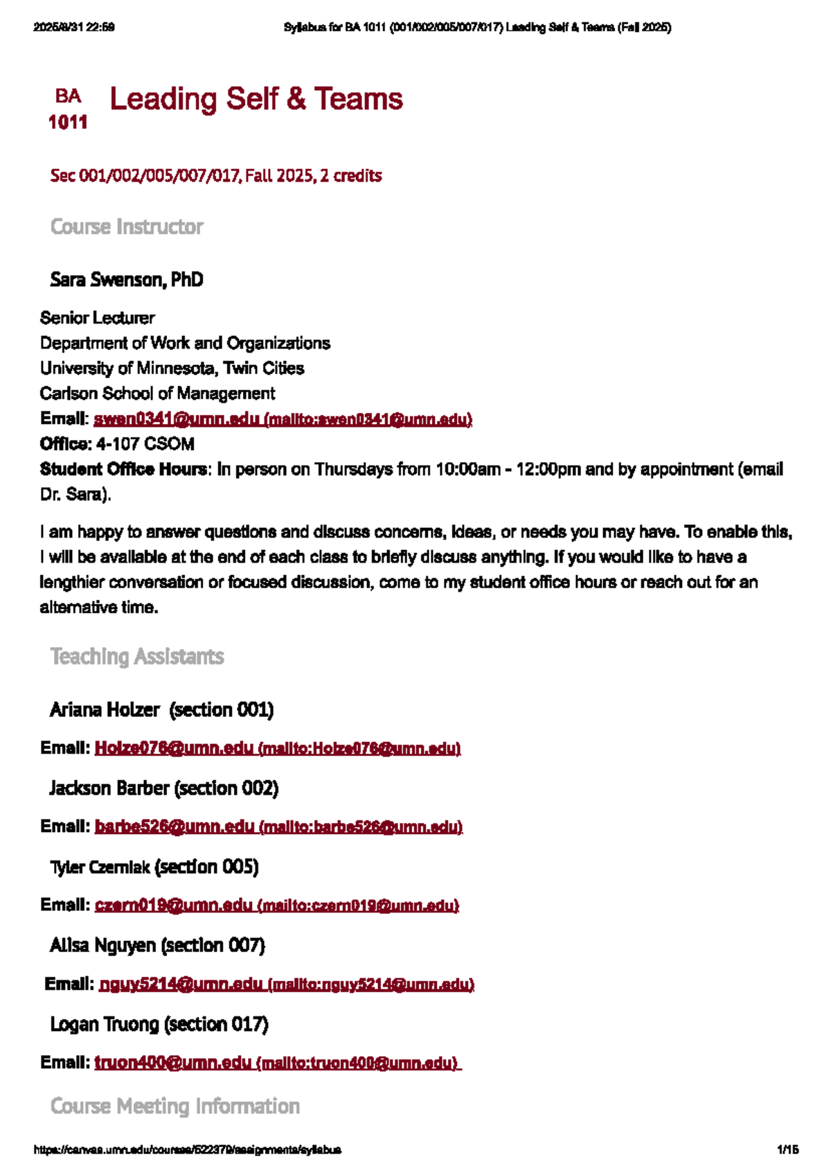 Syllabus for BA 1011 Leading Self & Teams (Fall 2025) - Studocu