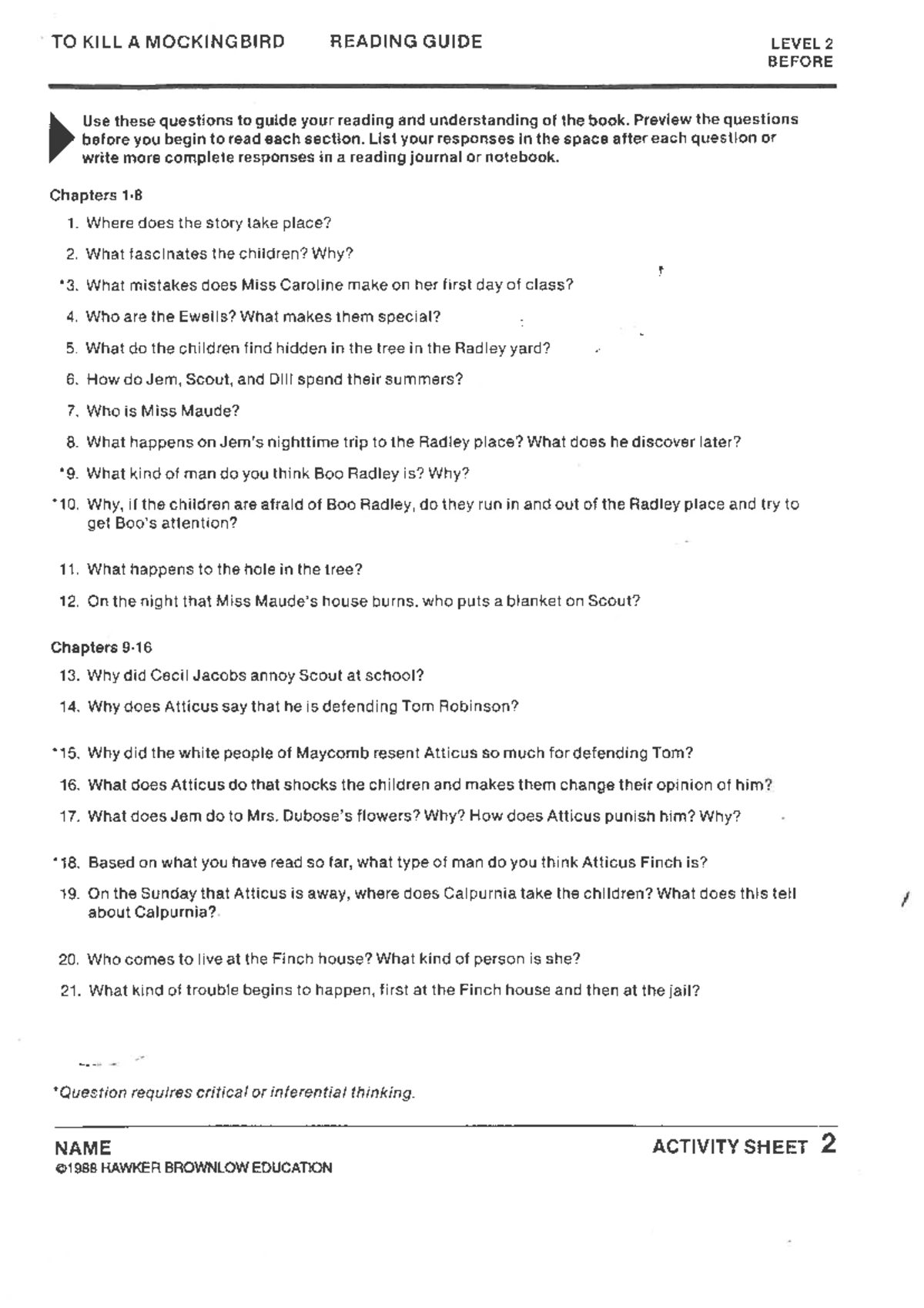 Yr10 TO KILL A MOCKINGBIRD Reading Guide & Questions - Studocu