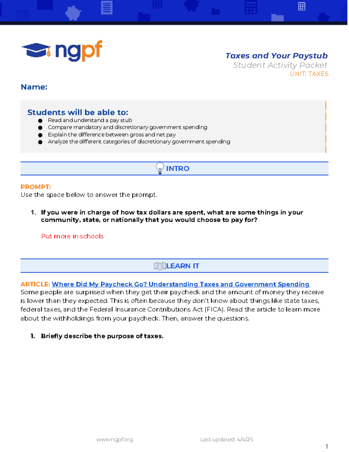 Taxes and your paystub student activity packet - Studocu