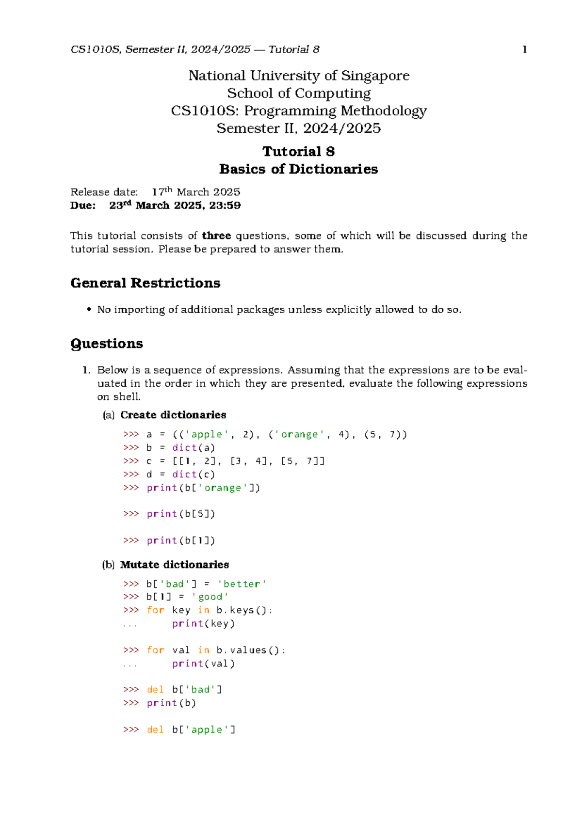CS1010S Semester II Tutorial 8: Basics of Dictionaries and Matrices - Studocu