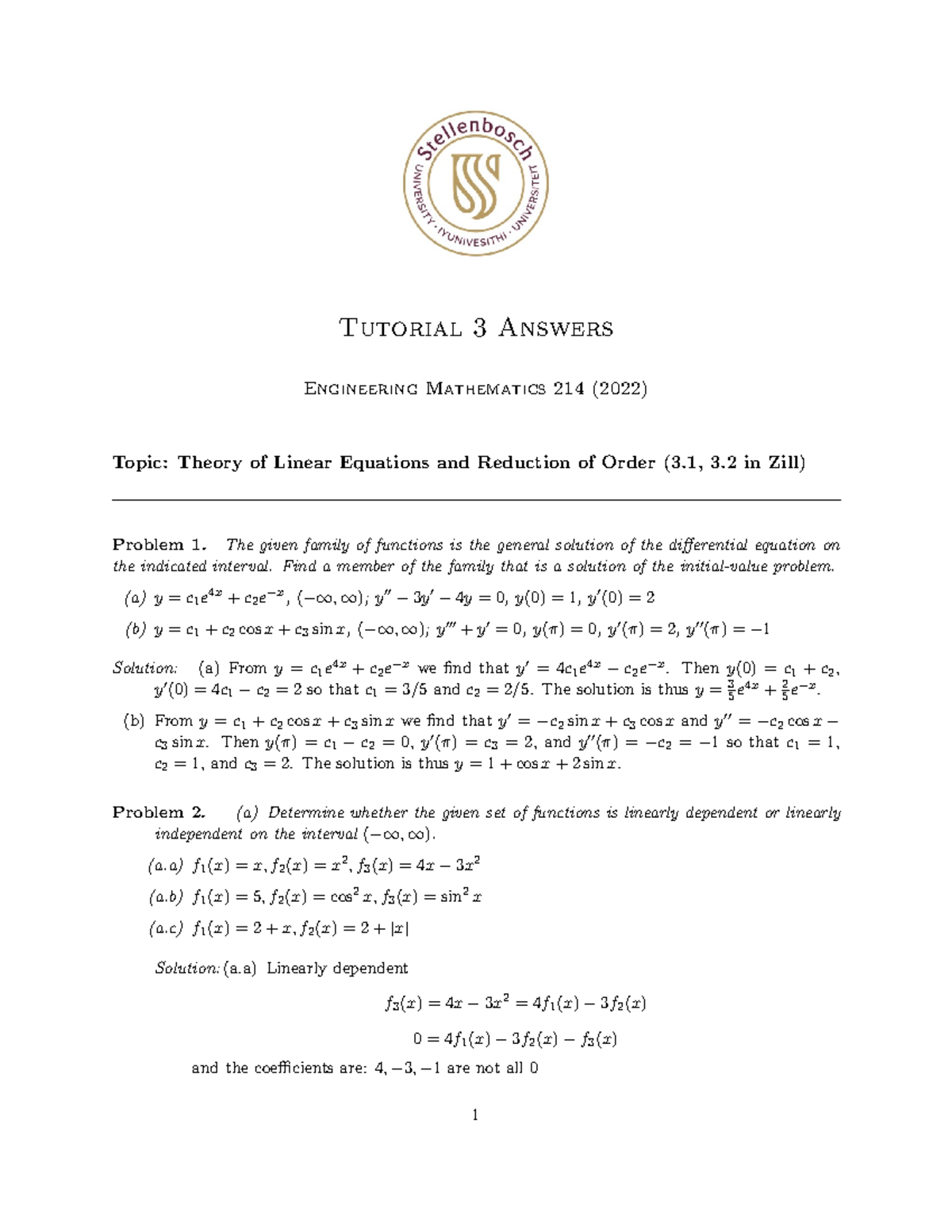 Tutorial 3 Engineering Maths 242 - Tutorial 3 Answers Engineering ...