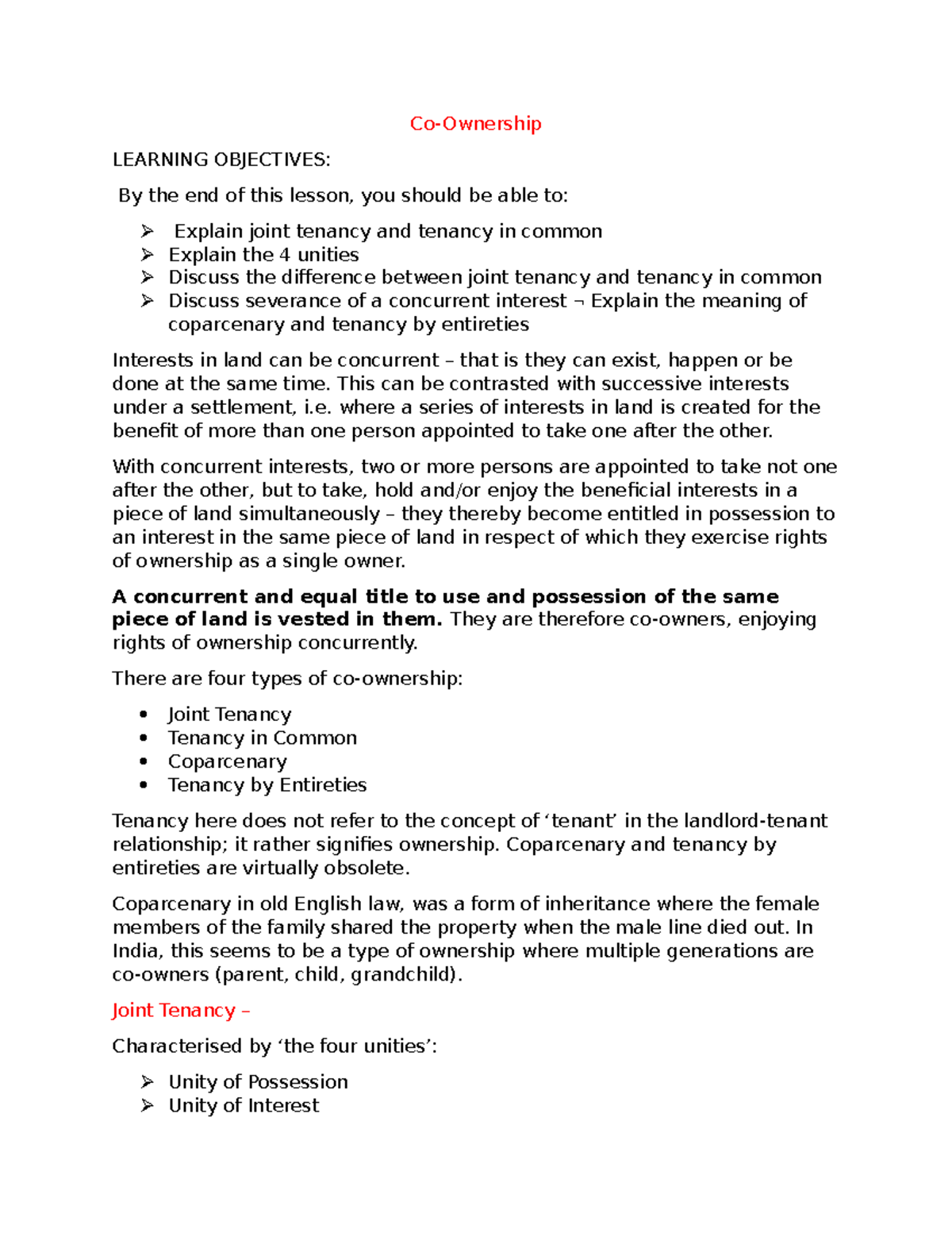 Co-Ownership: Key Concepts and Rights - Lecture Notes 6 - Studocu