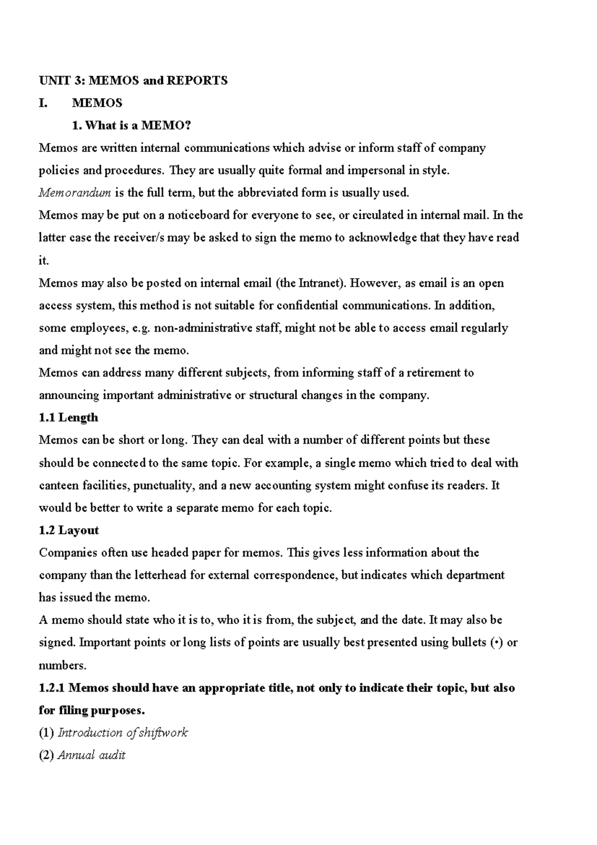 Unit 3: Memos & Reports - Understanding Memos and Their Importance ...