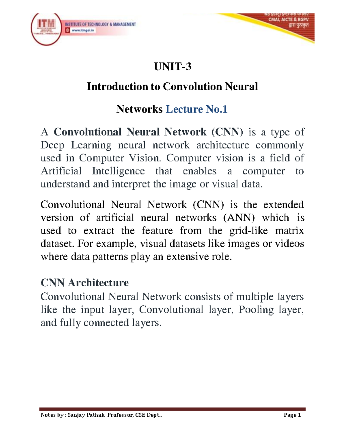 CSE 101: Deep Learning Lecture 1 - Introduction to CNNs - Studocu