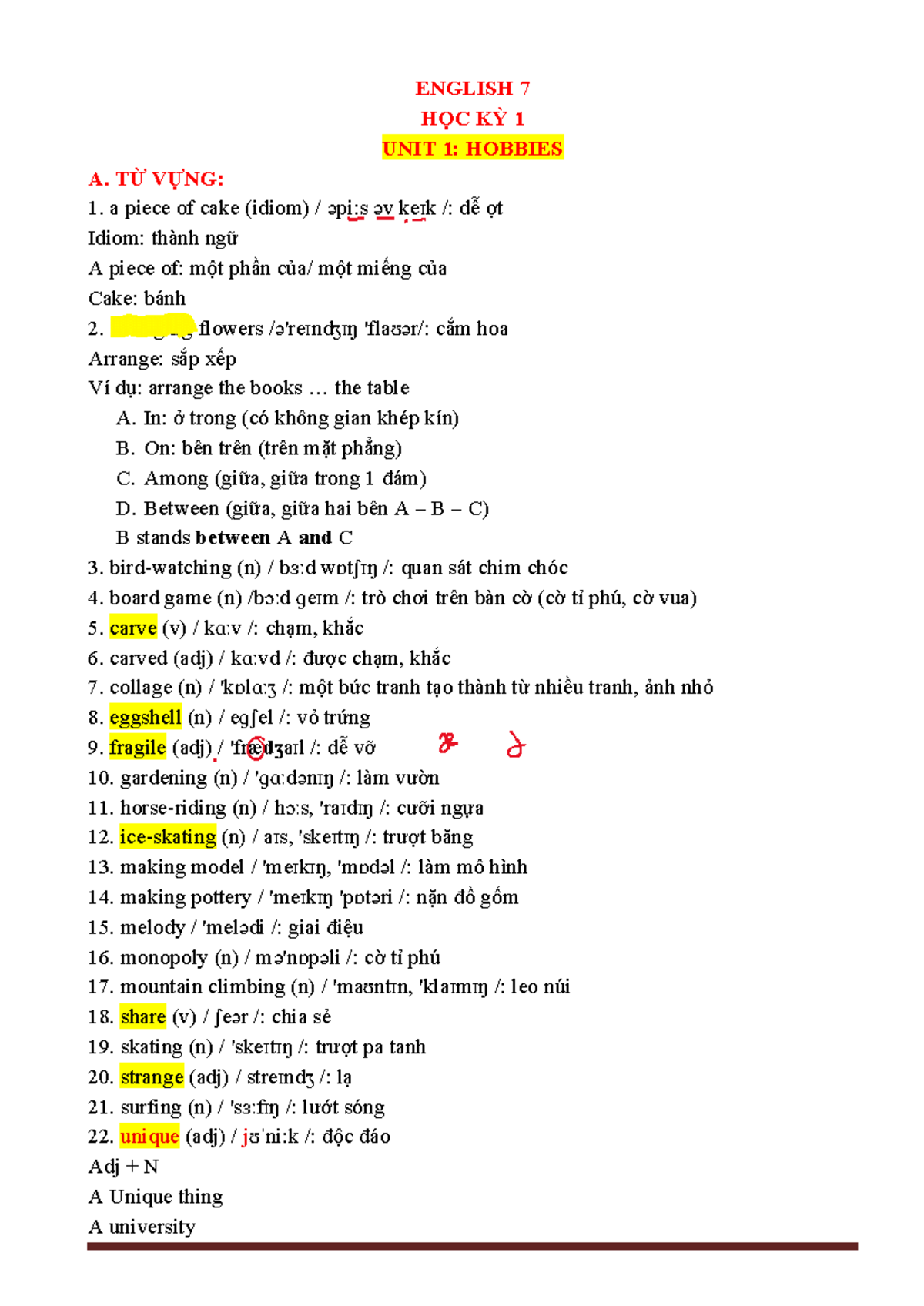 ENGLISH 7 HỌC KỲ 1 UNIT 1: HOBBIES - VOCABULARY & GRAMMAR NOTES - Studocu