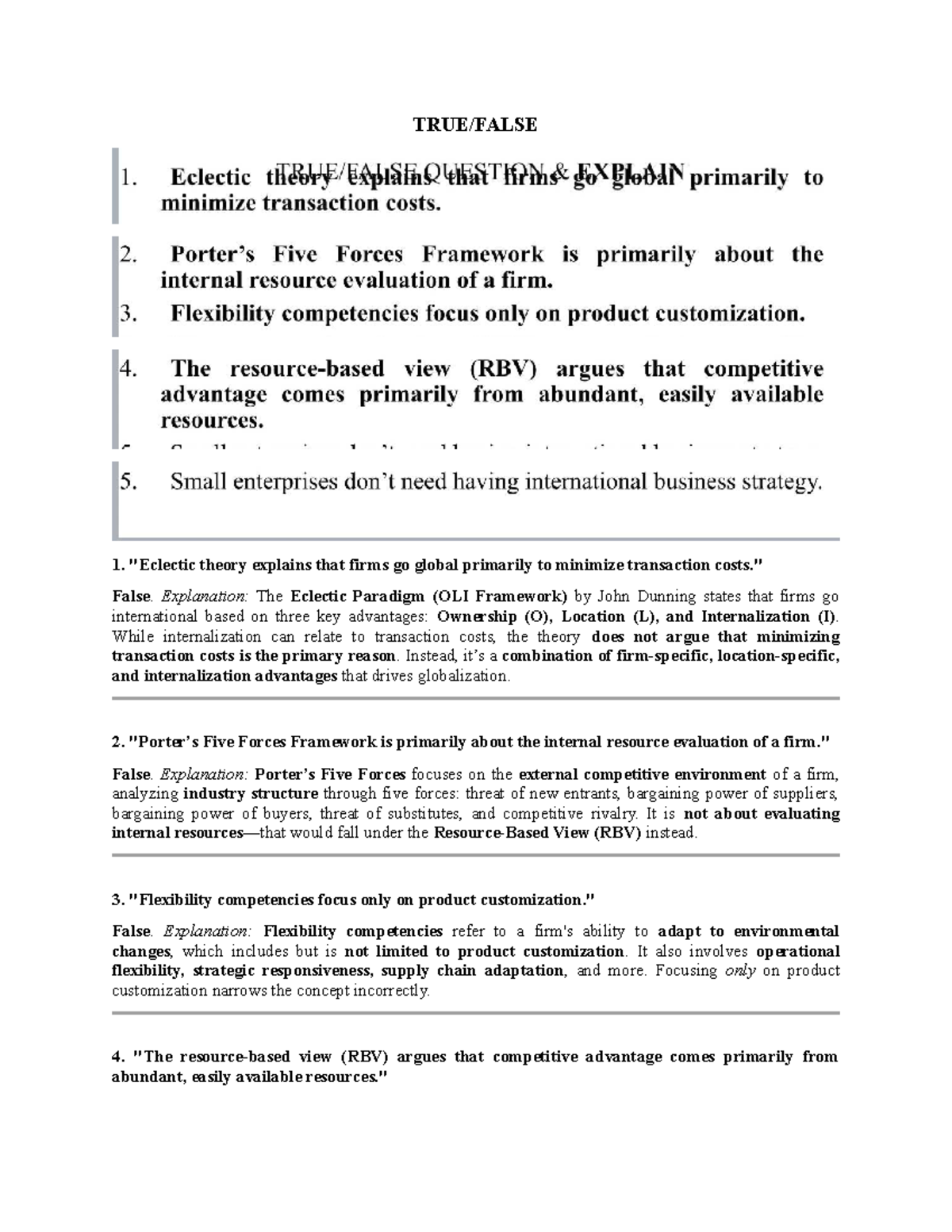 TF - TRUE/FALSE Questions on Global Business Theories and Strategies ...