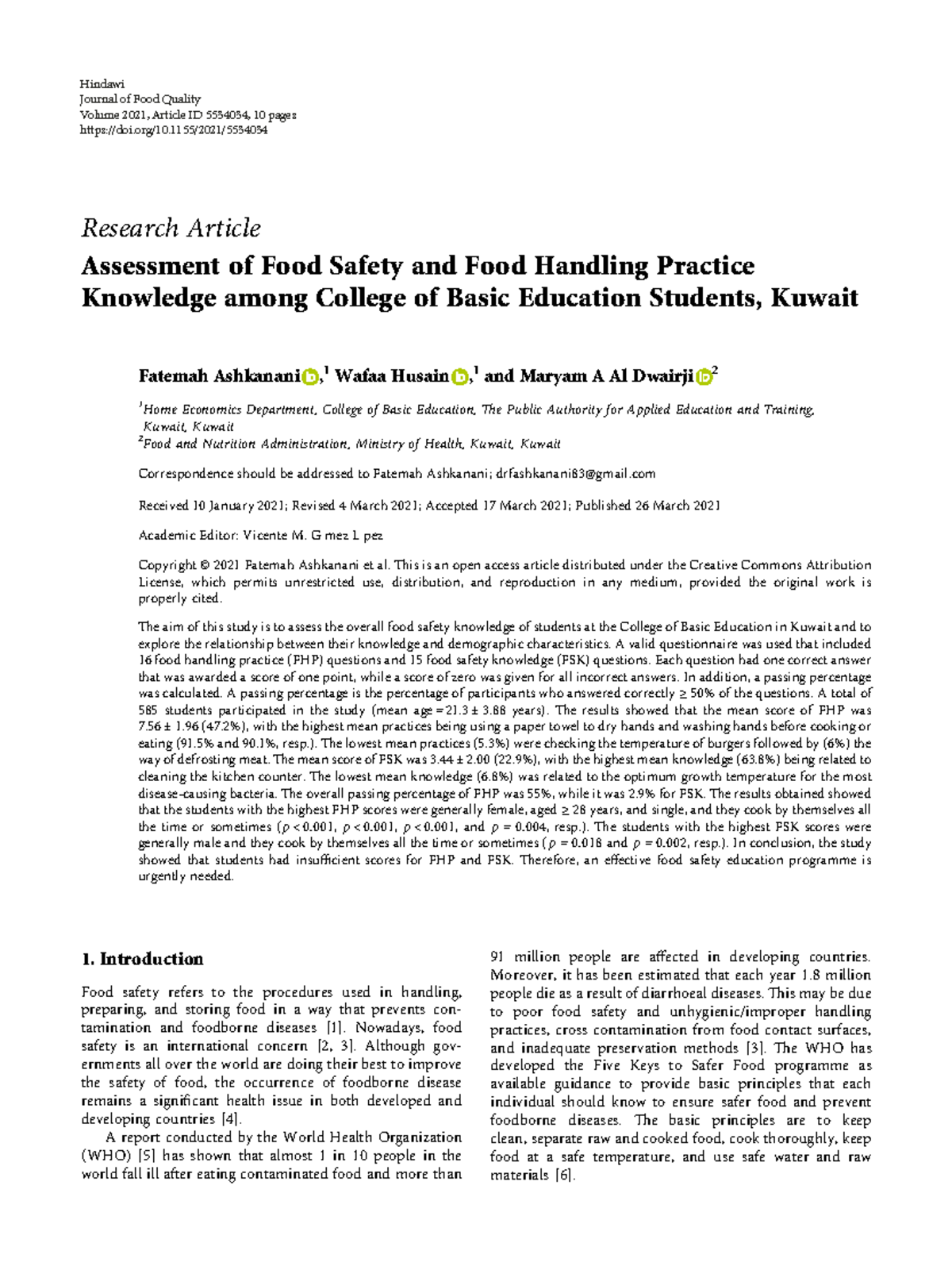 Assessment of Food Safety Knowledge & Practices in CBE Students - Studocu