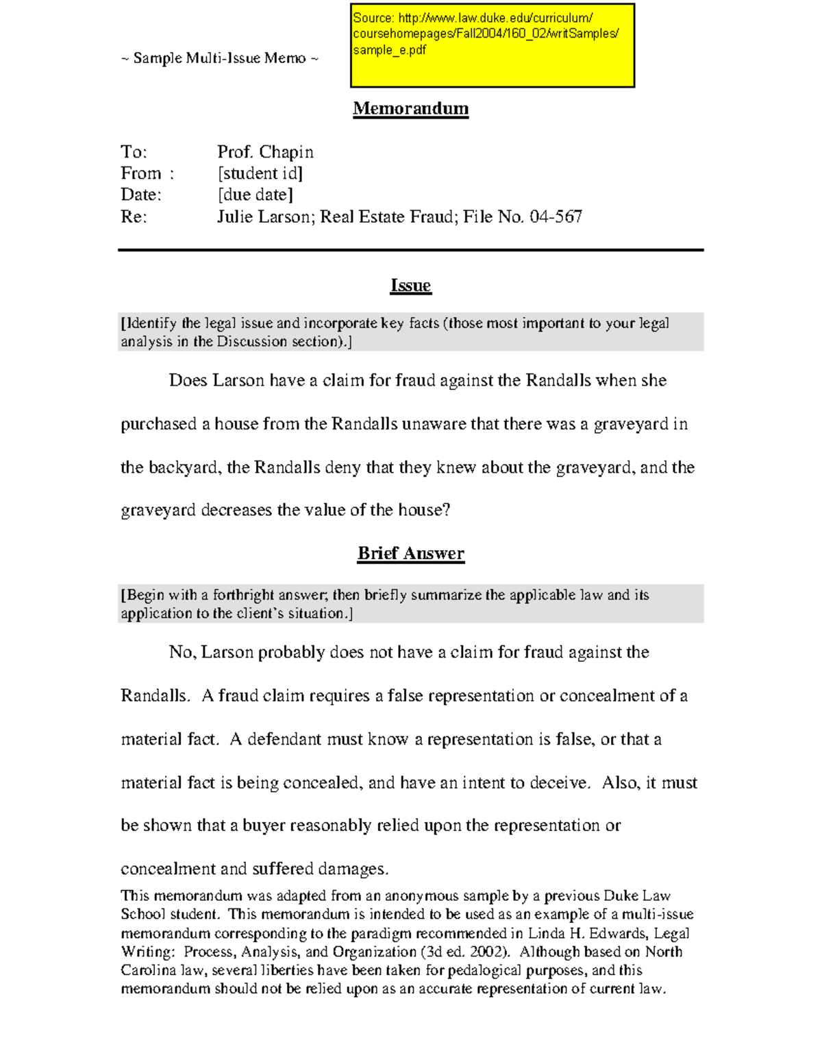 RWA - MY Sample MEMO (Duke Memo) - ~ Sample Multi-Issue Memo ~ This ...