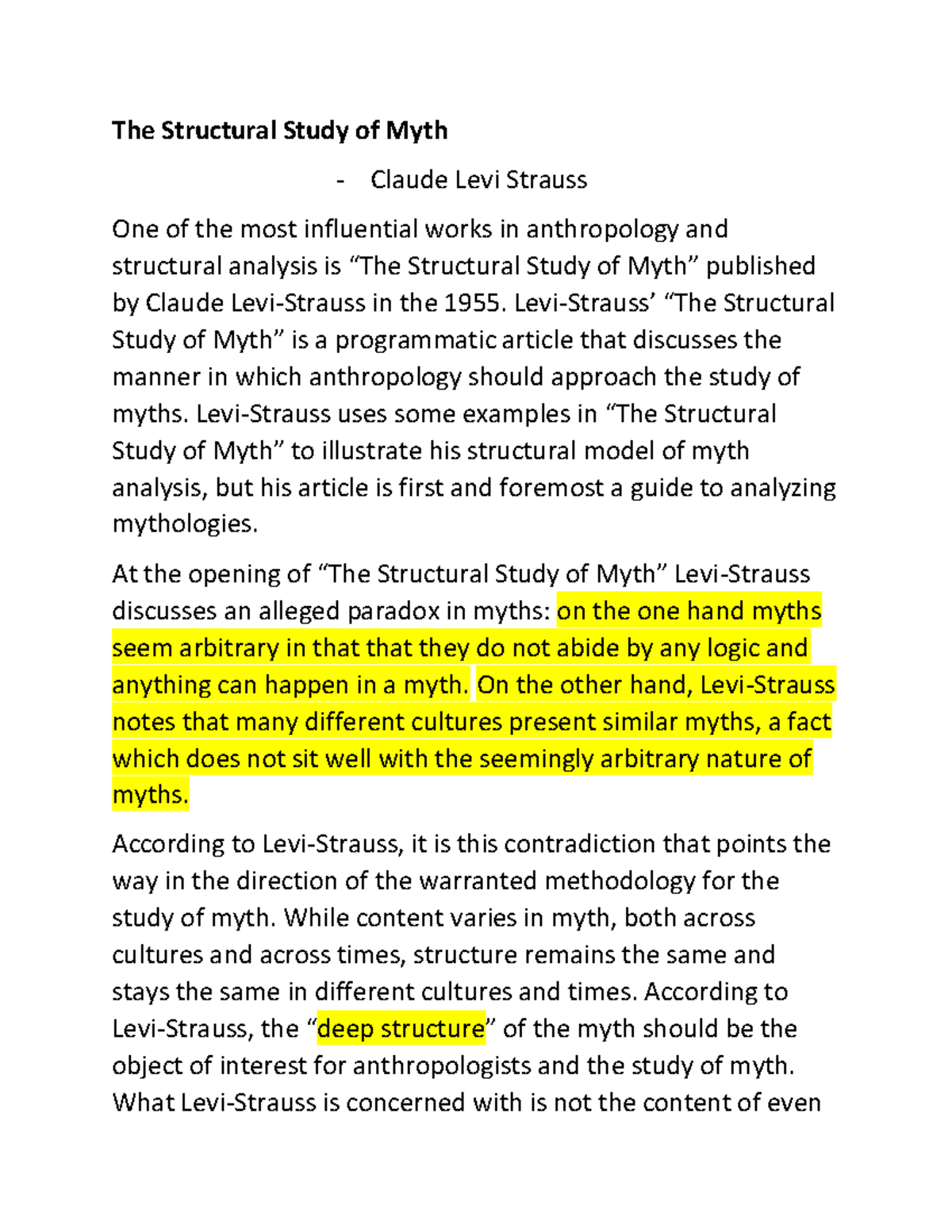 Structural Analysis of Myths: Insights from Levi-Strauss' Work - Studocu