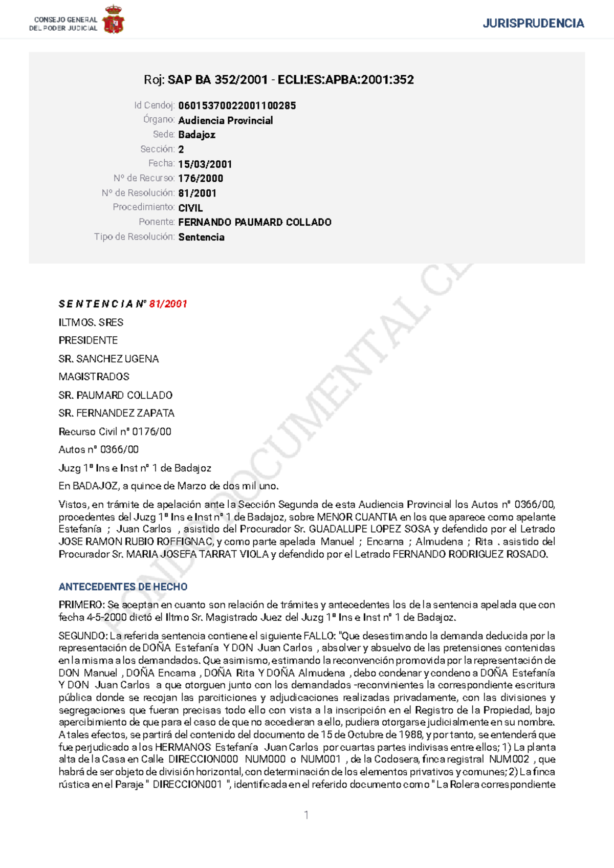 STC 81-2001 . Sucesiones - Roj: SAP BA 352/2001 - ECLI:ES:APBA:2001: Id Cendoj ...