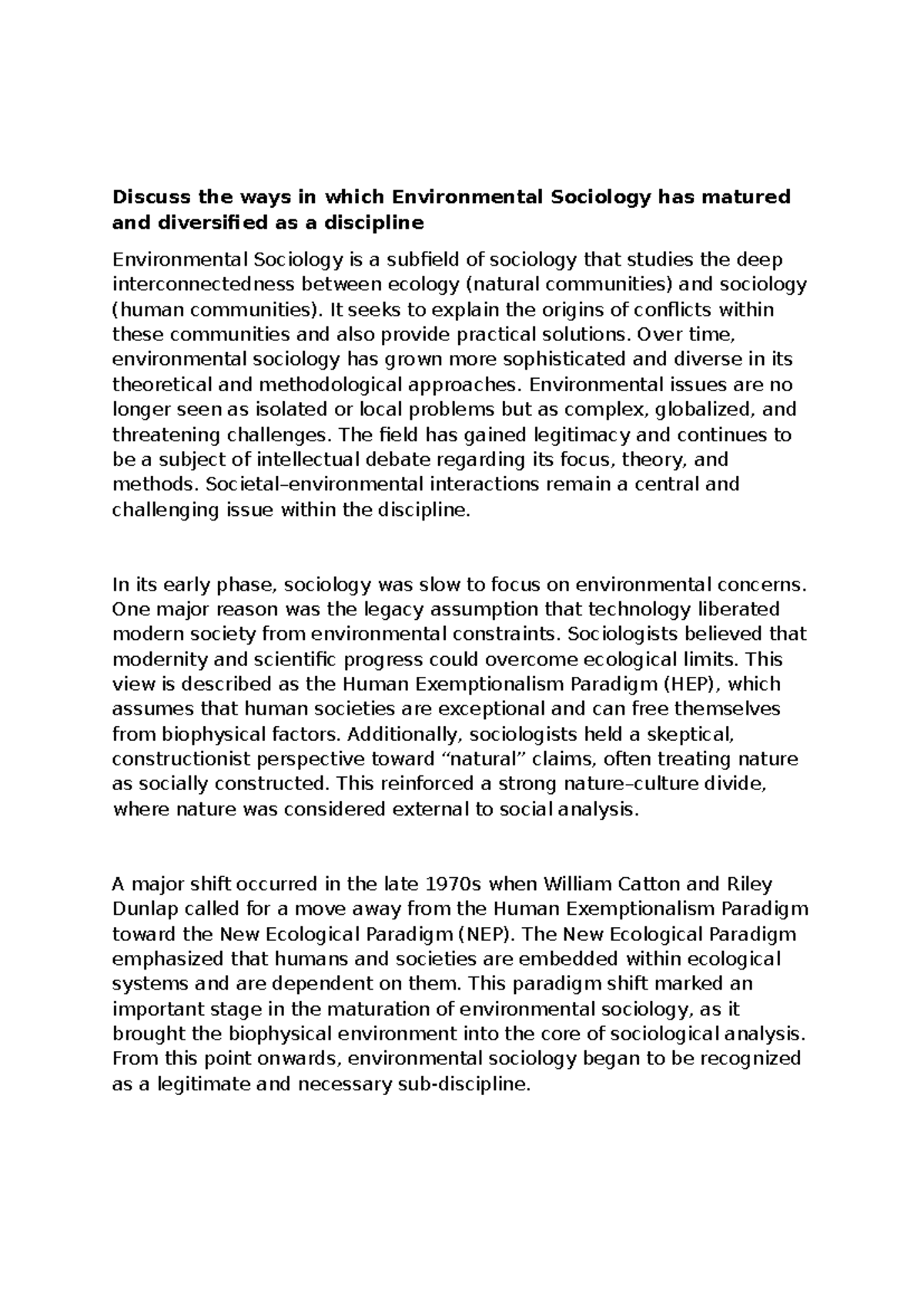 Environmental Sociology: Maturation and Diversification Insights - Studocu