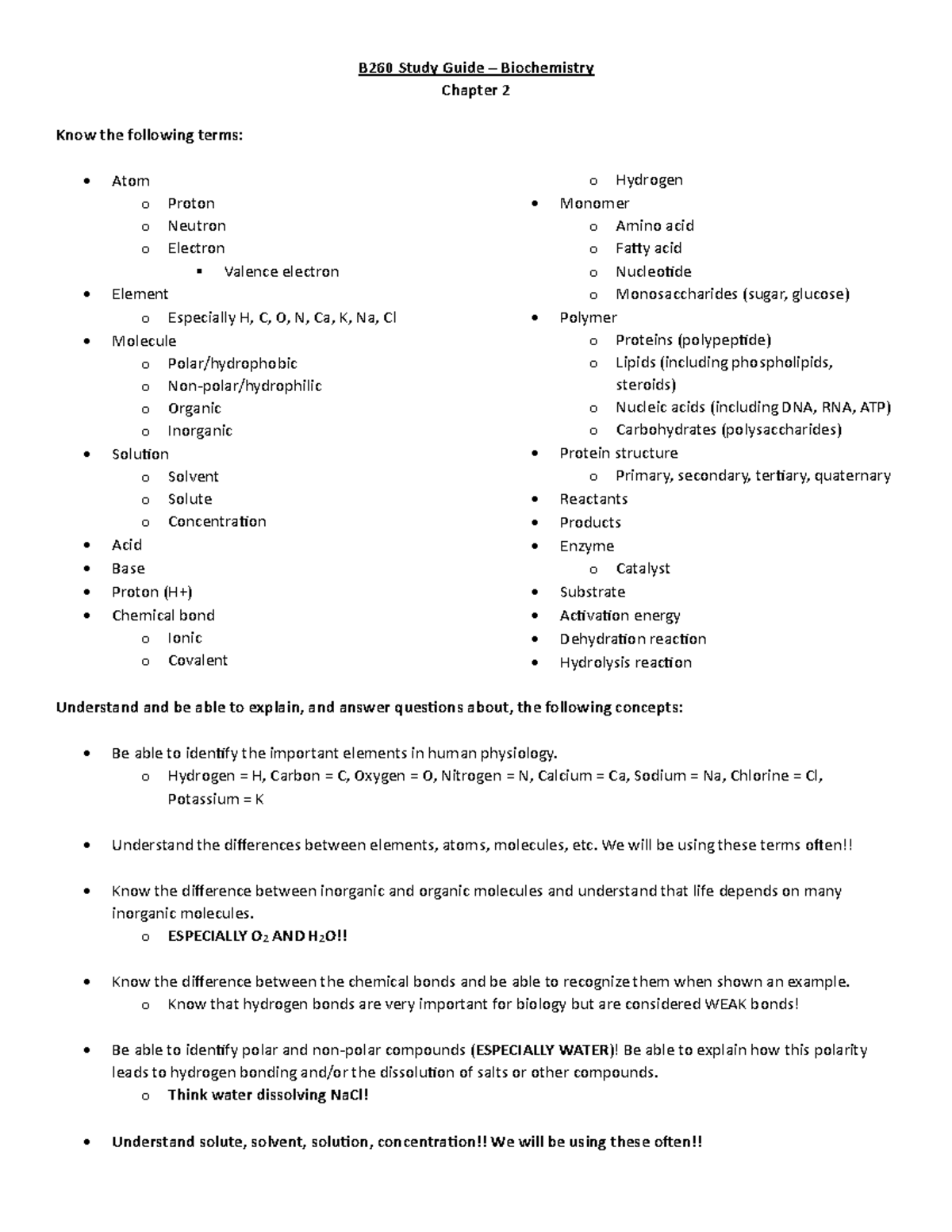 B260 Study Guide: Key Biochemistry Concepts for Exam Prep - Studocu