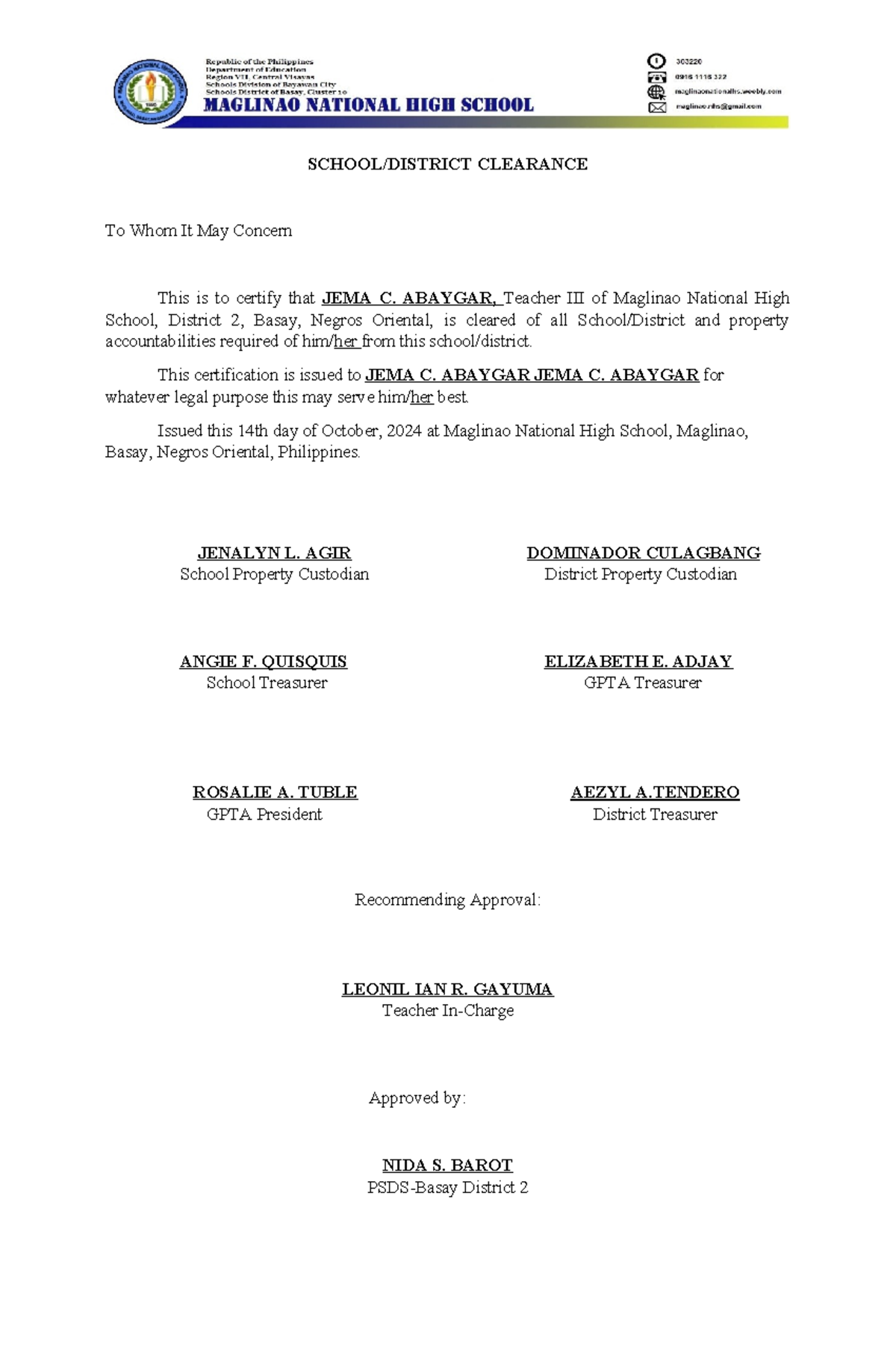 School District Clearance Certificate for Jema C. Abaygar - Studocu