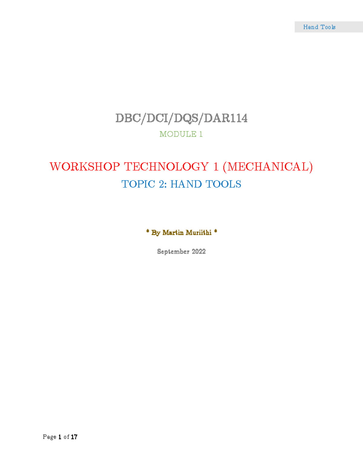 Hand Tools Overview: Workshop Technology I (MECHANICAL) Module 1 - Studocu