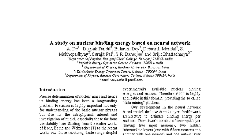 Nuclear Binding Energy Prediction Using ANN: A Study on Model A. De1 et ...