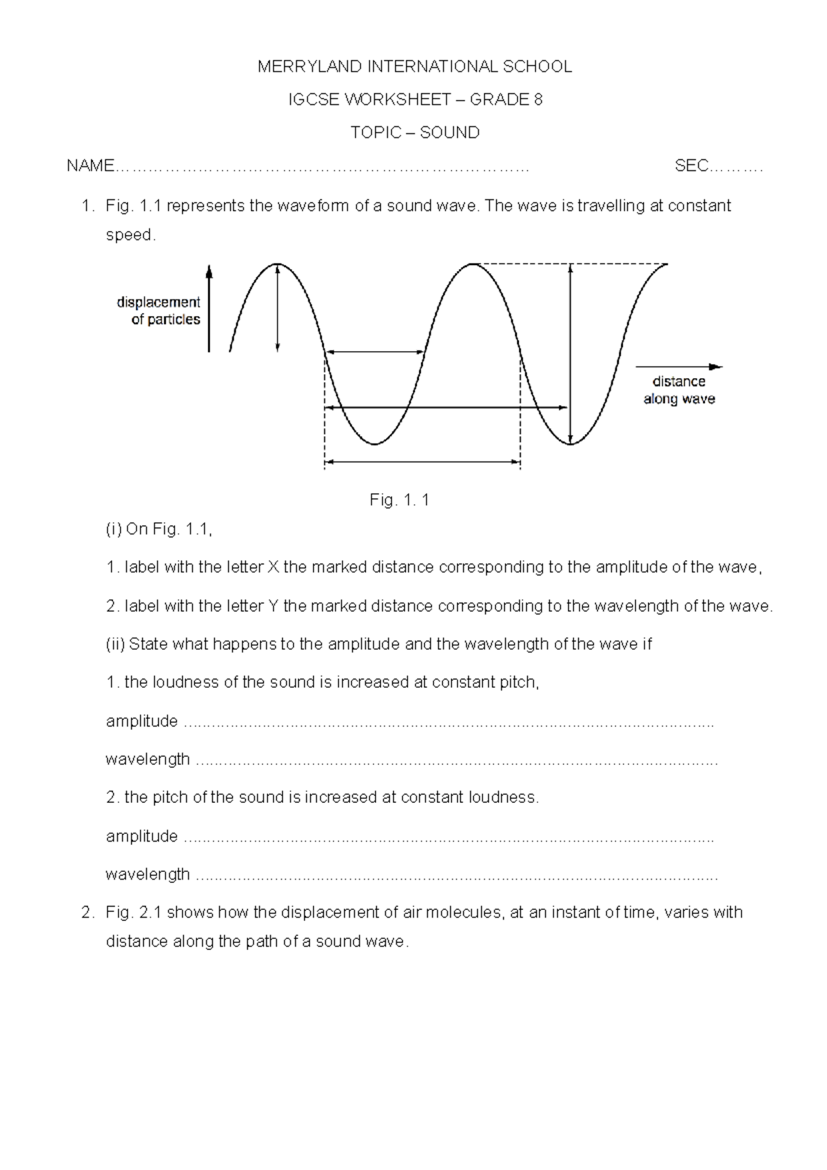 MERRYLAND IGCSE G8 Sound Worksheet: Waveform Analysis - Studocu